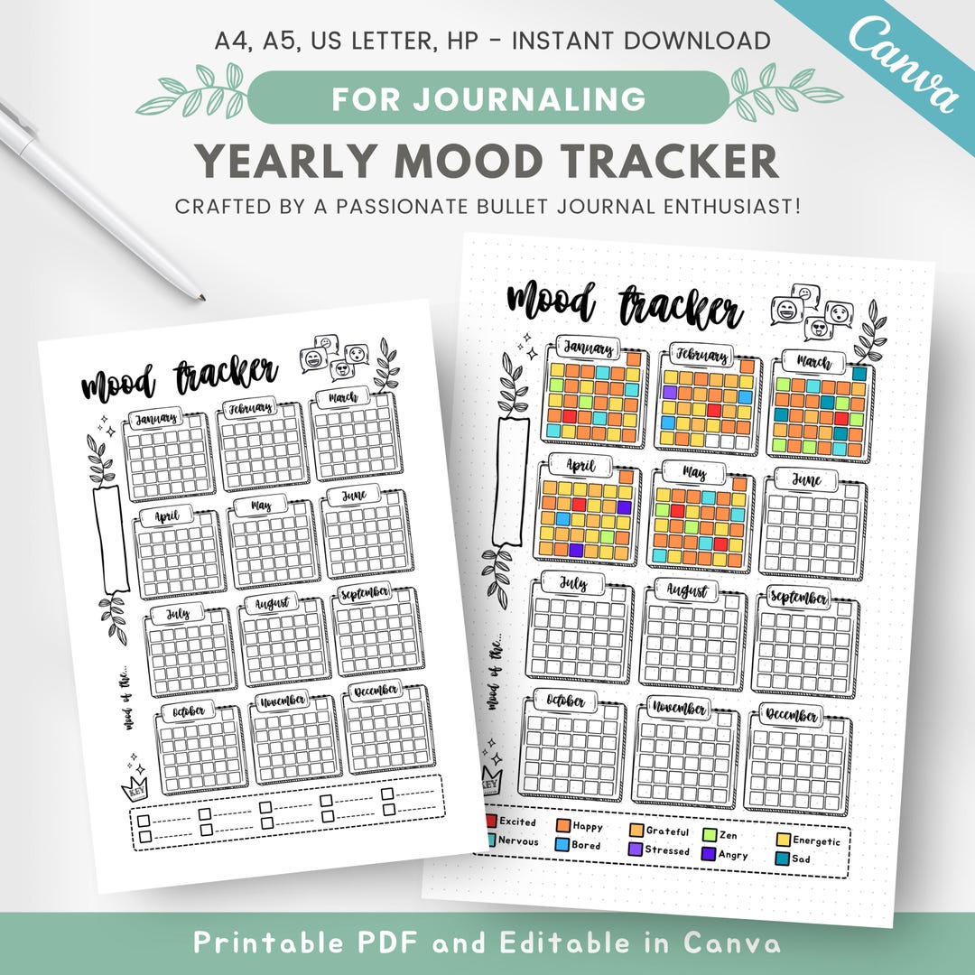 Yearly Mood Tracker, Printable Mood in Pixel, Emotions Tracker, Mood ...
