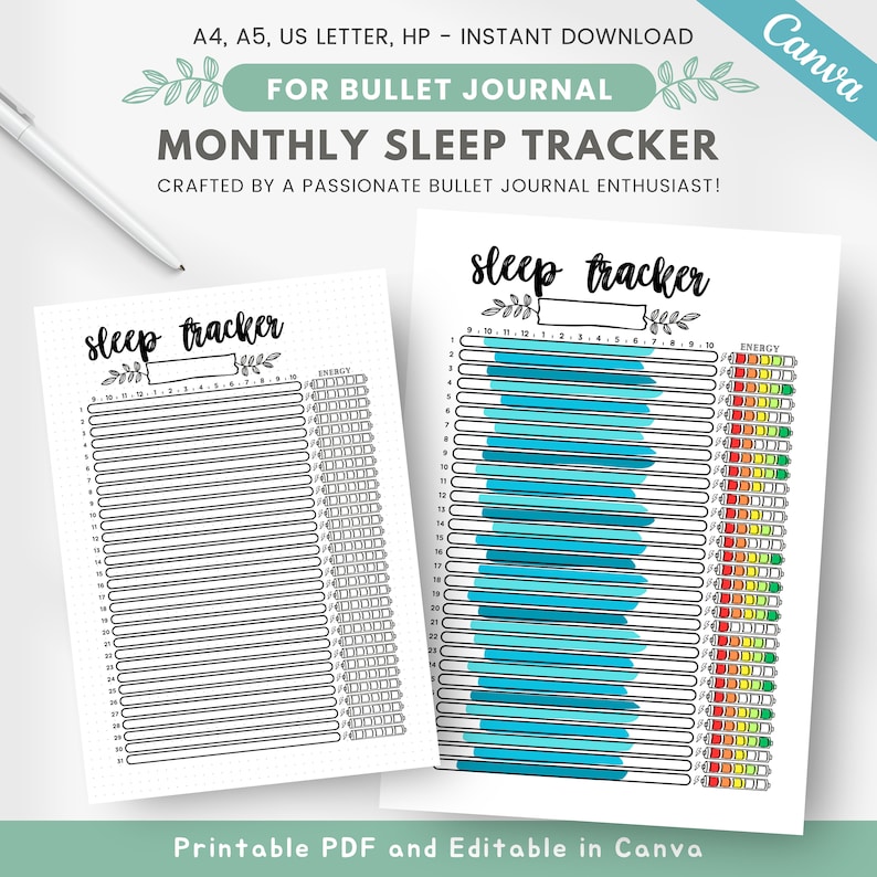 Printable Monthly Sleep Tracker, Editable Sleep Journal, Premade Bullet ...