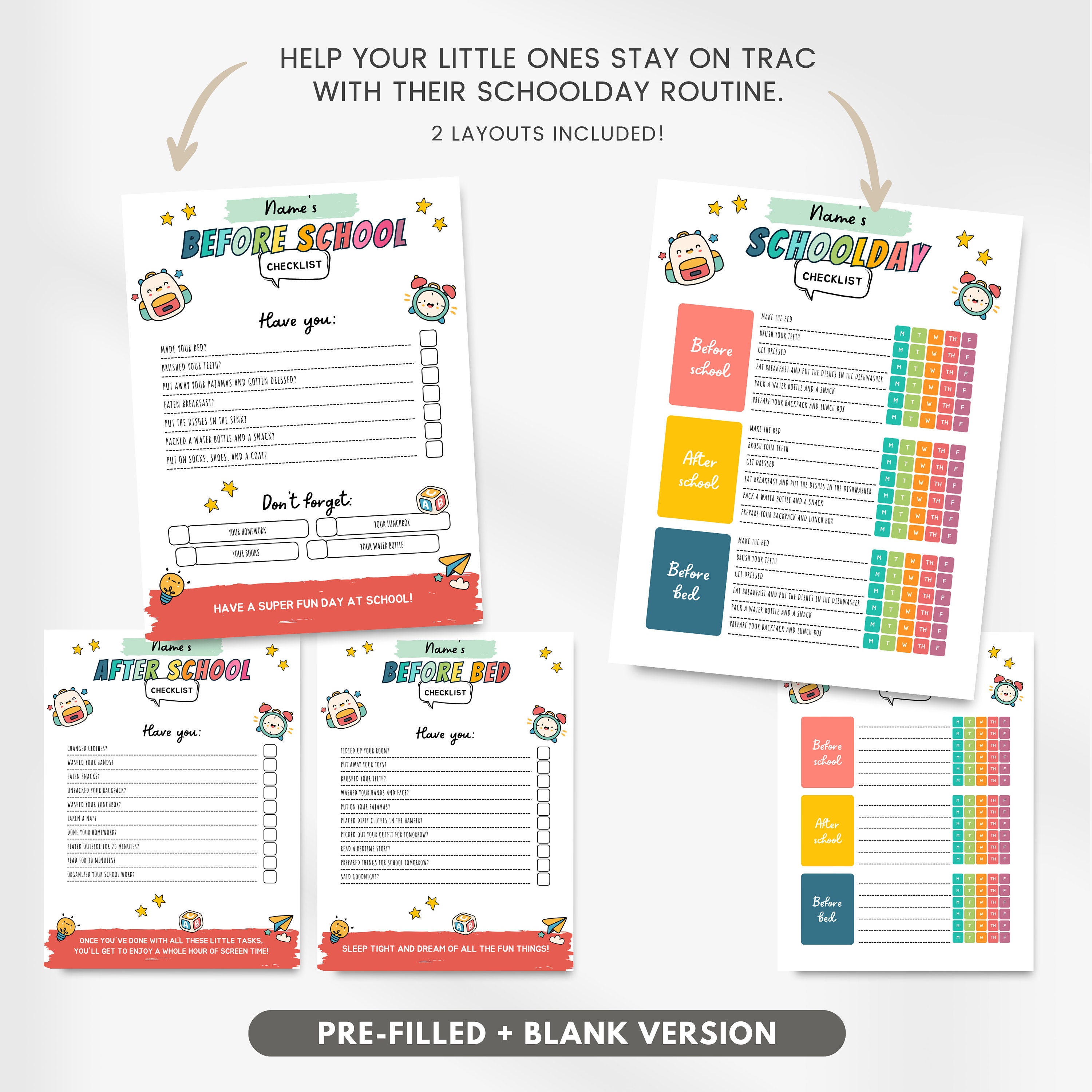 Editable Schoolday Checklist for Kids, Printable Daily Checklist for ...