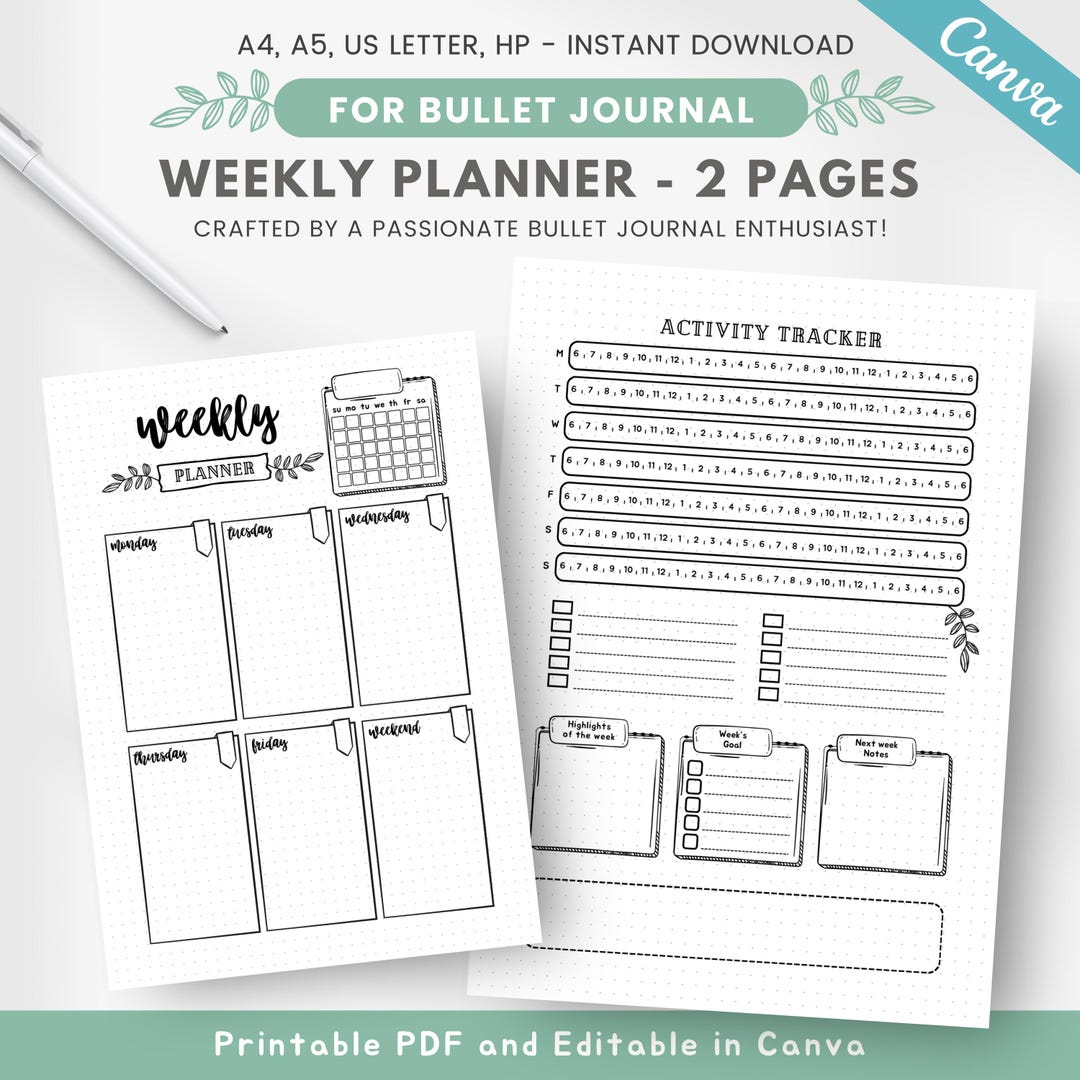Undated 2 Pages Weekly Planner Insert, Week at a Glance Journal Page ...