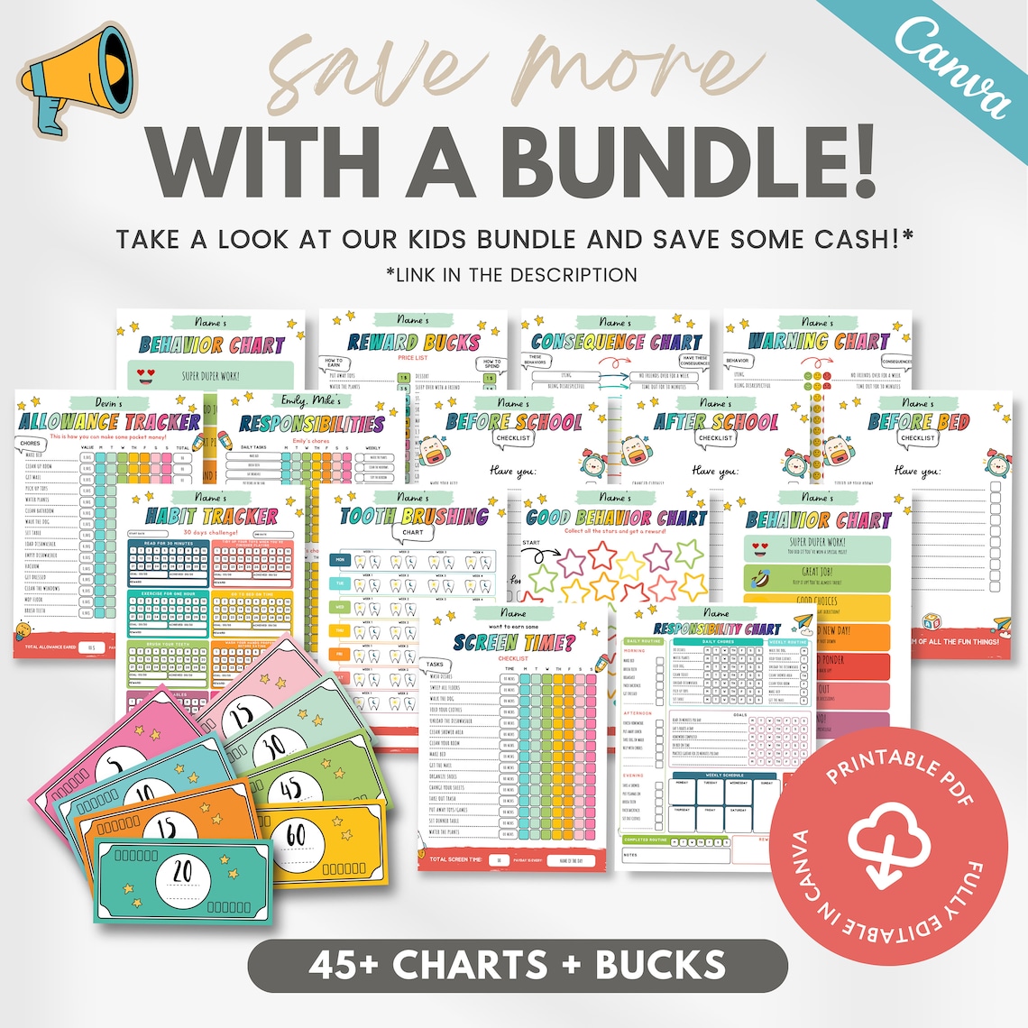 Editable Kids Reward Bucks, Mom Bucks, Kids Chore Chart, Pretend Money ...