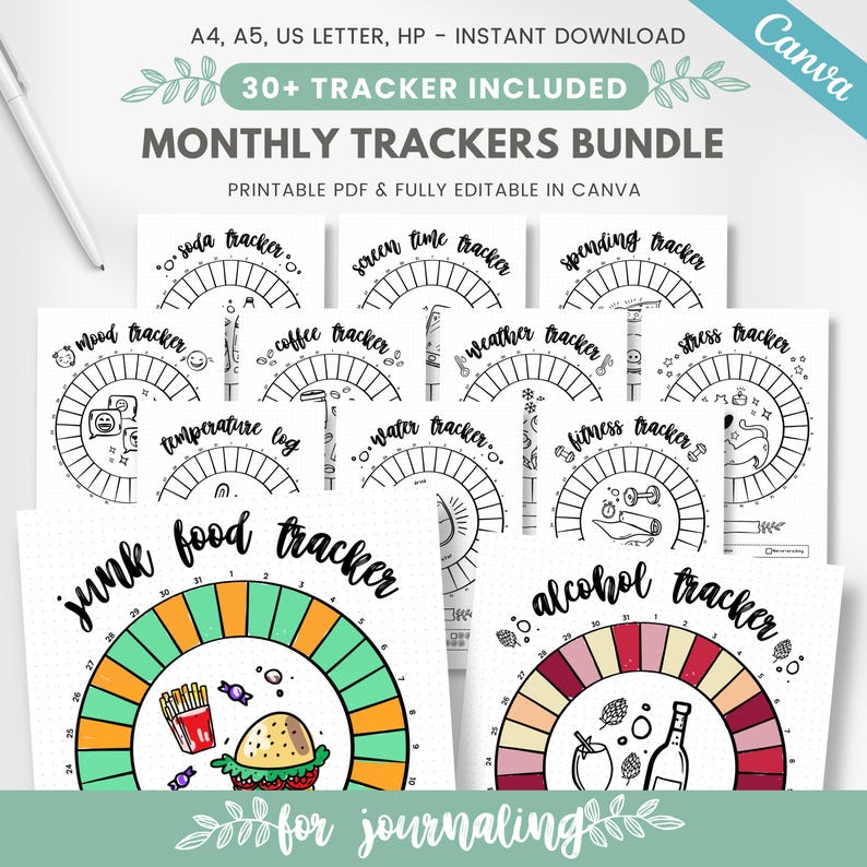 30+ Monthly Trackers Bundle, Circle Journal Trackers With Doodles ...