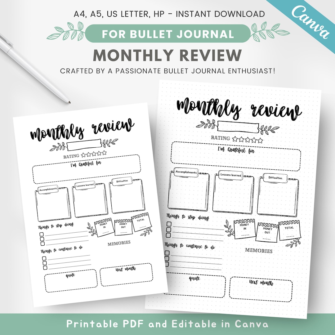 Monthly Review Page, Printable Monthly Reflection Journal Insert ...