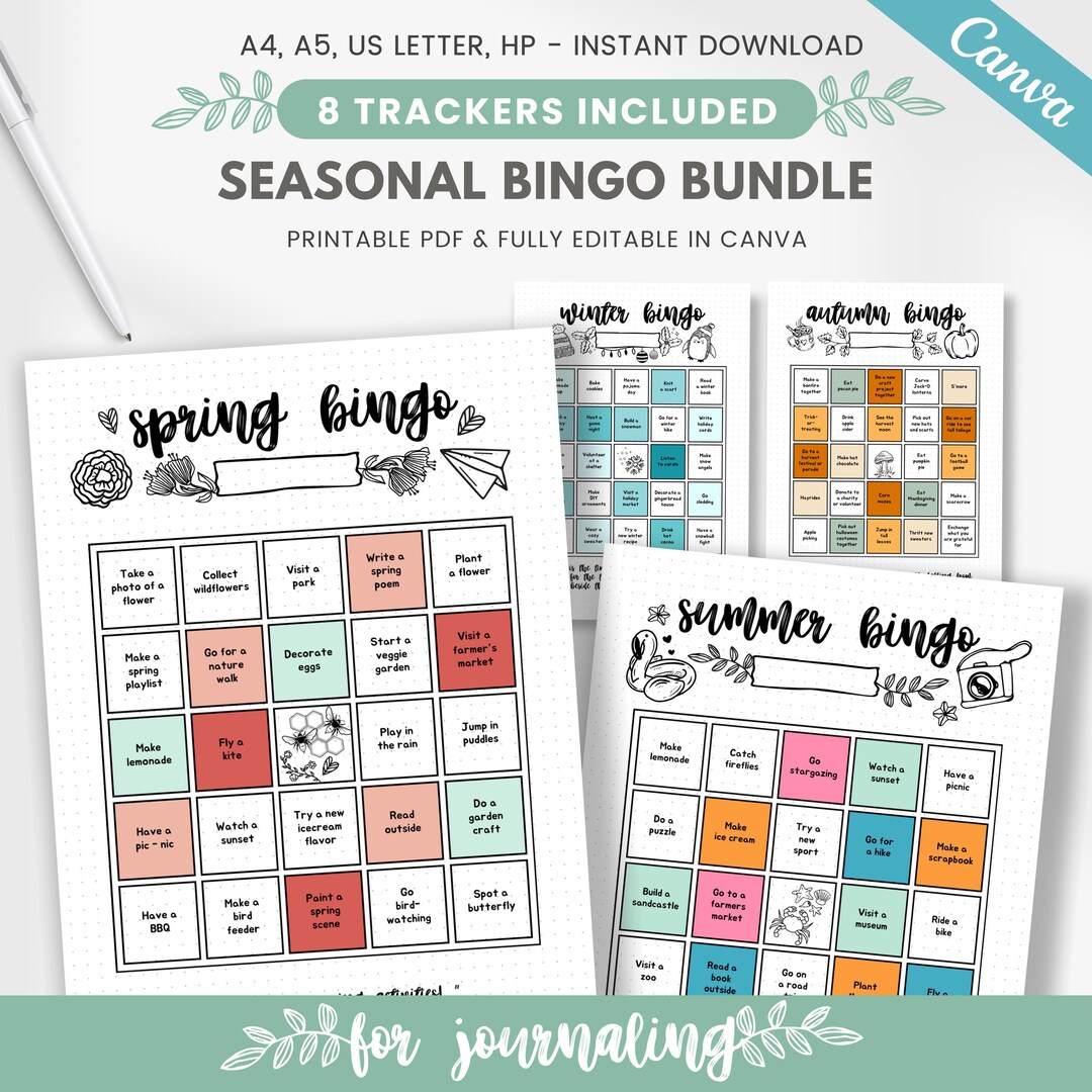 Seasonal Bingo Cards, Winter Fall Summer Spring Bingo, Seasons to Do ...