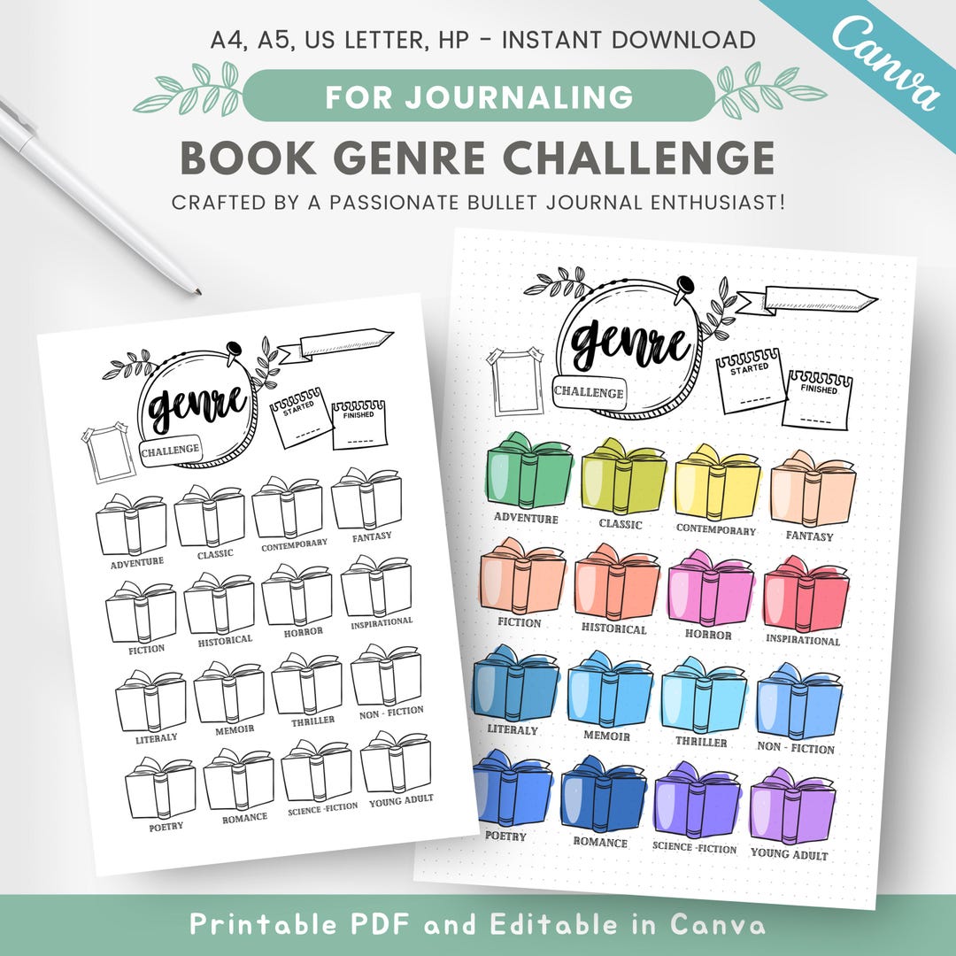 Book Genre Reading Challenge, Book Genre Game, Reading Journal Page ...