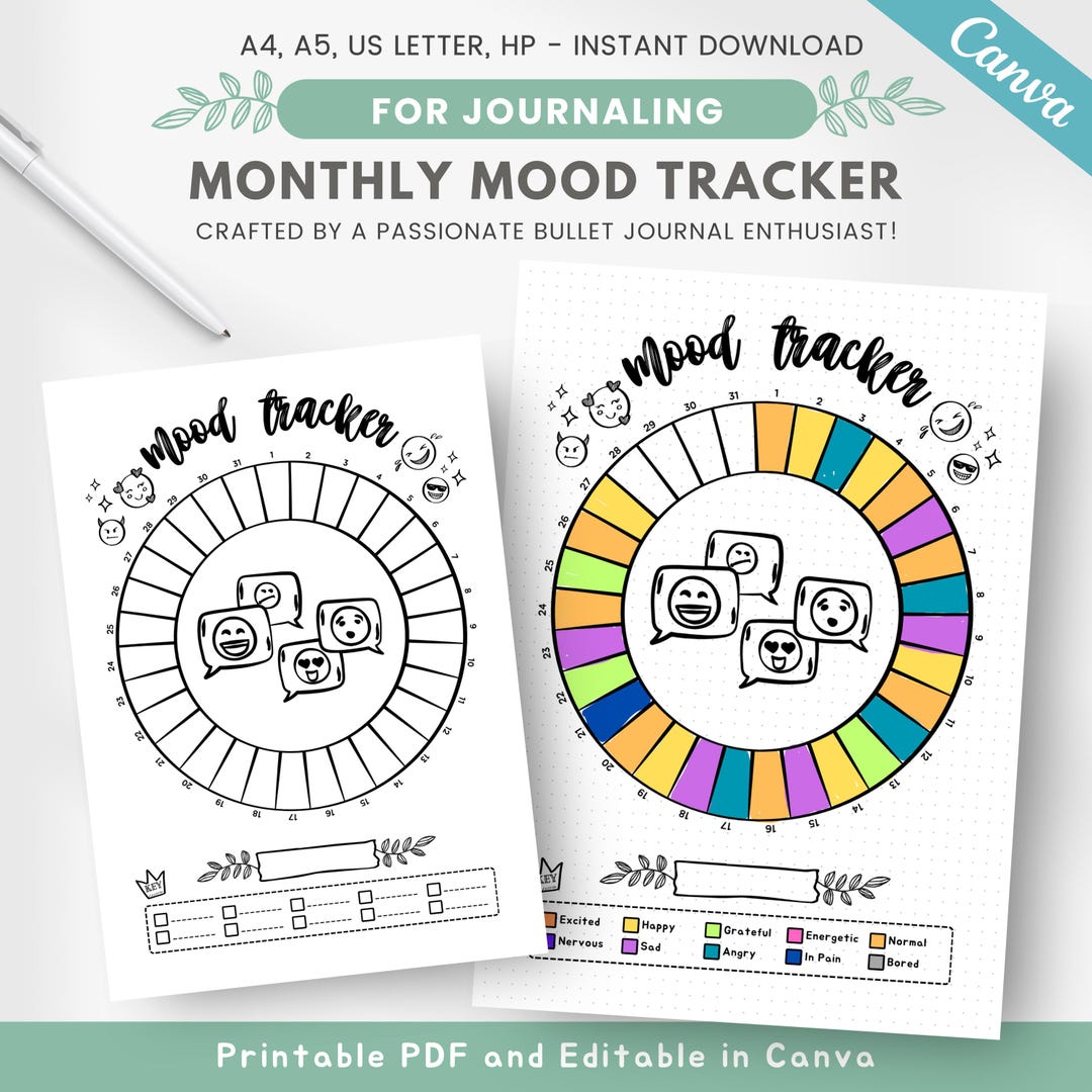 Monthly Mood Tracker, Feelings Tracker, Emotions Tracker, Track Mood ...