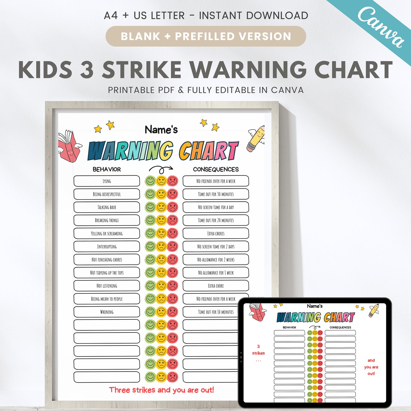 Editable Behavior Chart for Kids, 3 Strikes Warning Chart, Child ...