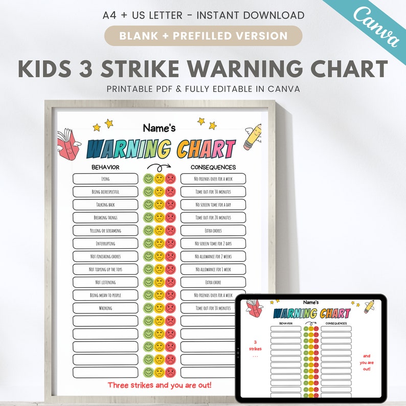 Editable Behavior Chart for Kids, 3 Strikes Warning Chart, Child ...
