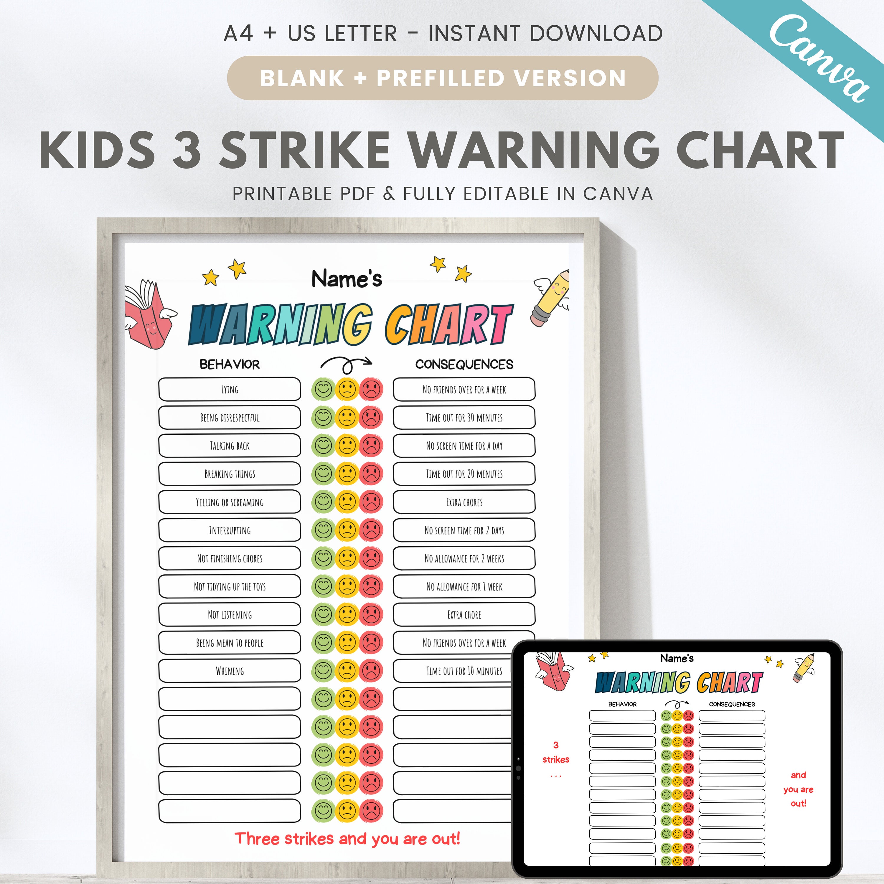 Editable Behavior Chart for Kids, 3 Strikes Warning Chart, Child ...