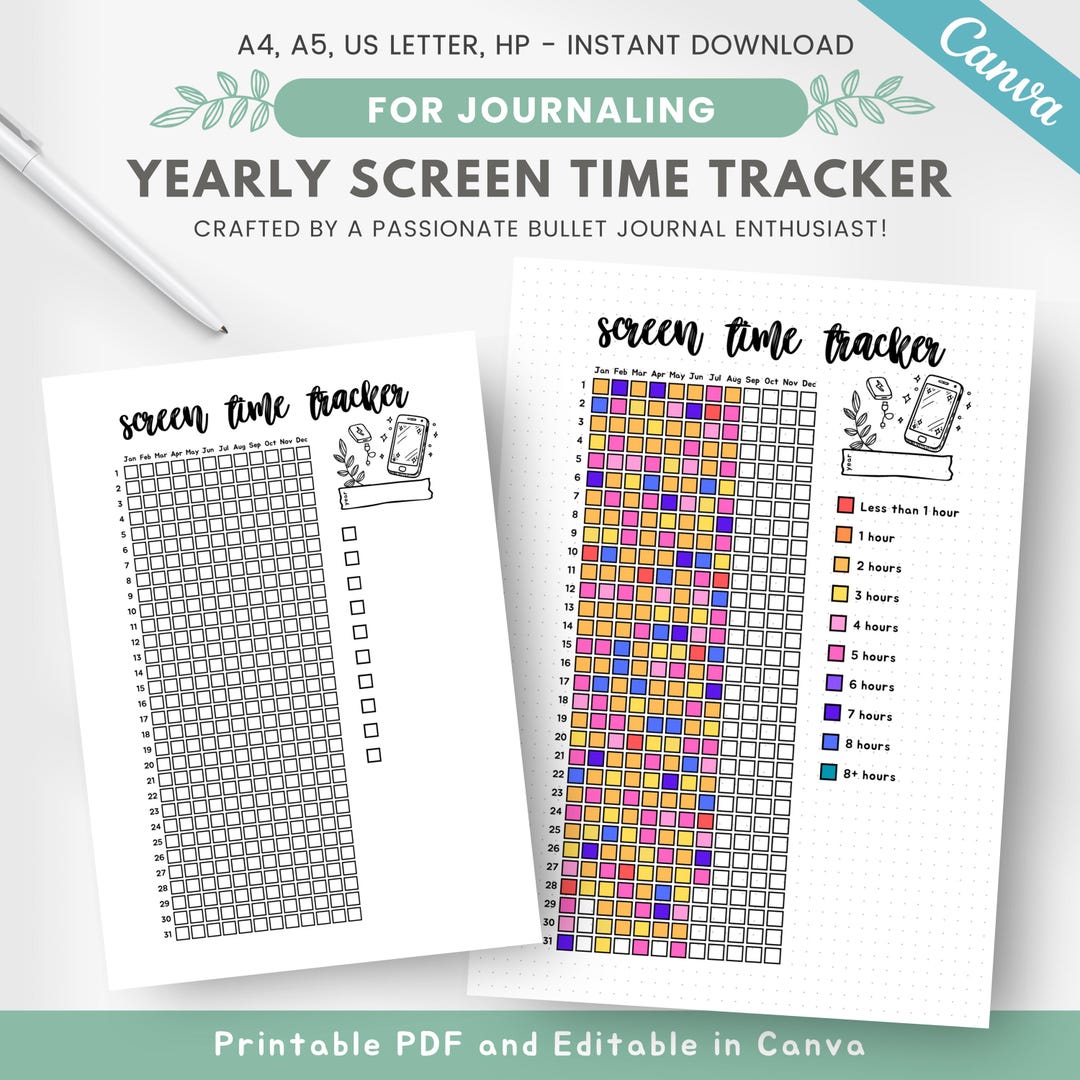 Screen Time Tracker Yearly, Phone Usage Tracker, Printable Planner ...