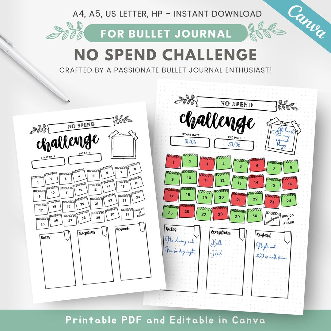 Monthly No Spend Challenge, Printable Savings Challenge, 30 Days No ...