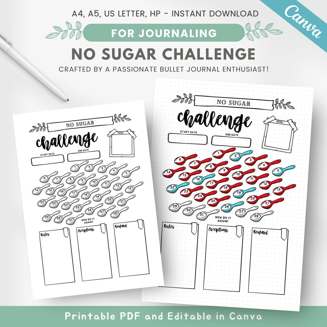 30 Days No Sugar Challenge, Printable Journal Page, Sugar Free, Sugar ...