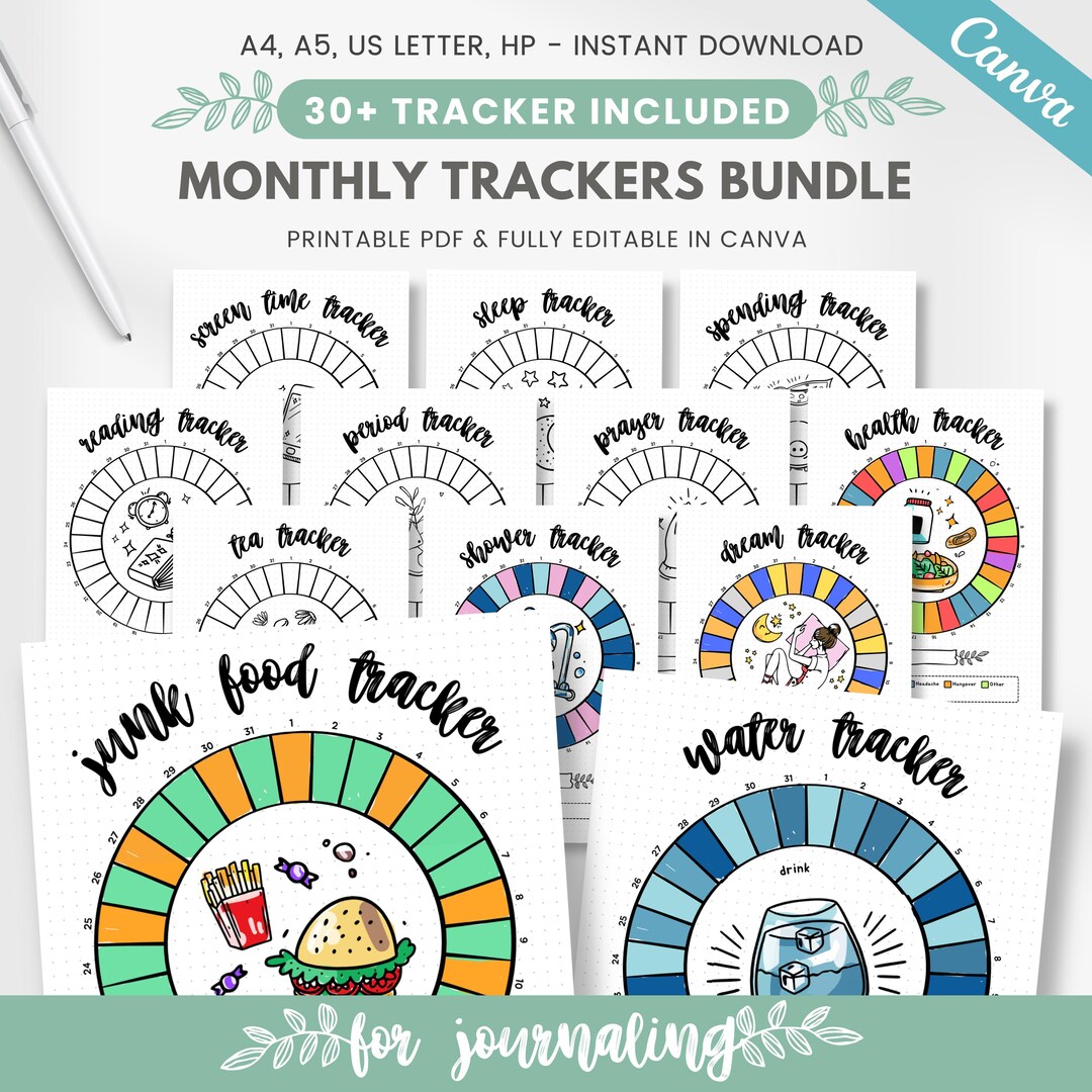 30+ Monthly Trackers Bundle, Circle Journal Trackers With Doodles ...