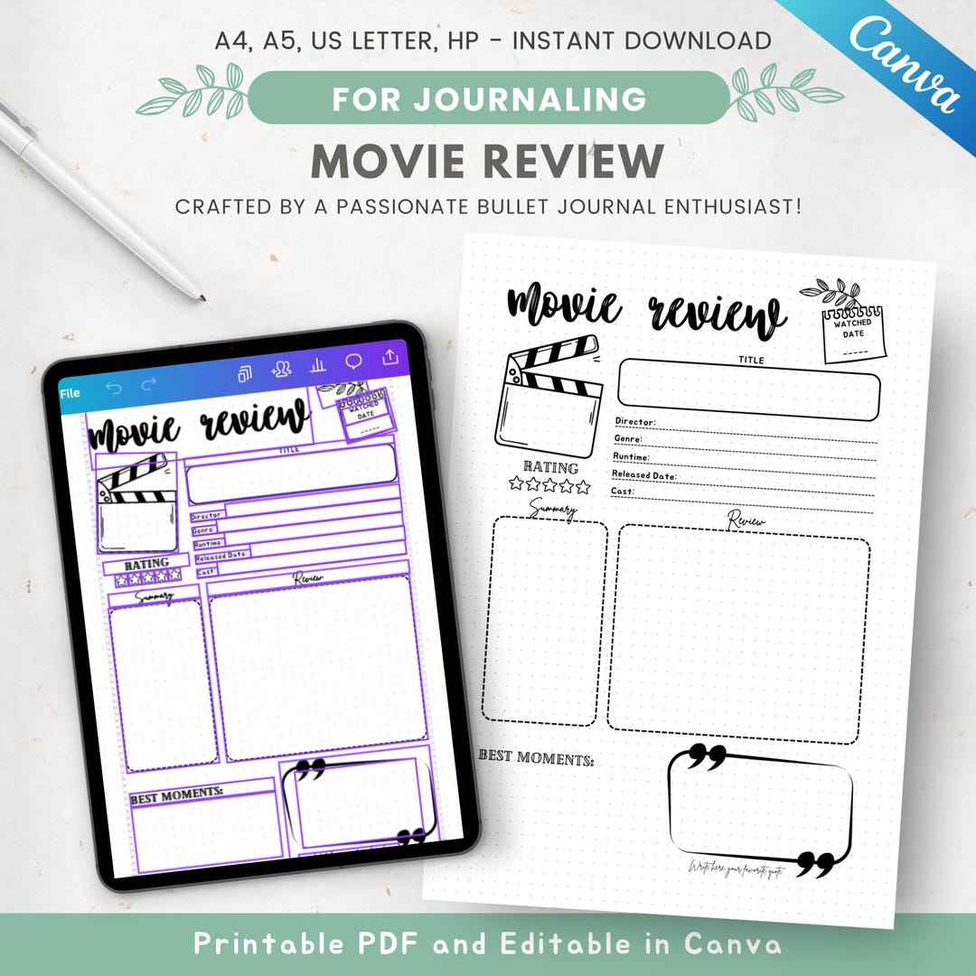 Movie Review, PRINTABLE & EDITABLE Journal Page, Film Review Page ...
