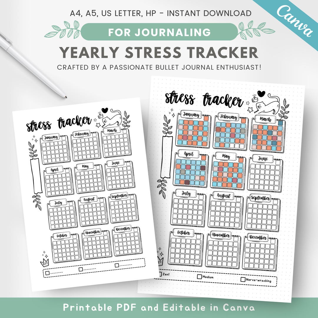 Stress Tracker Yearly, Printable Journal Page, Track Stress Level ...