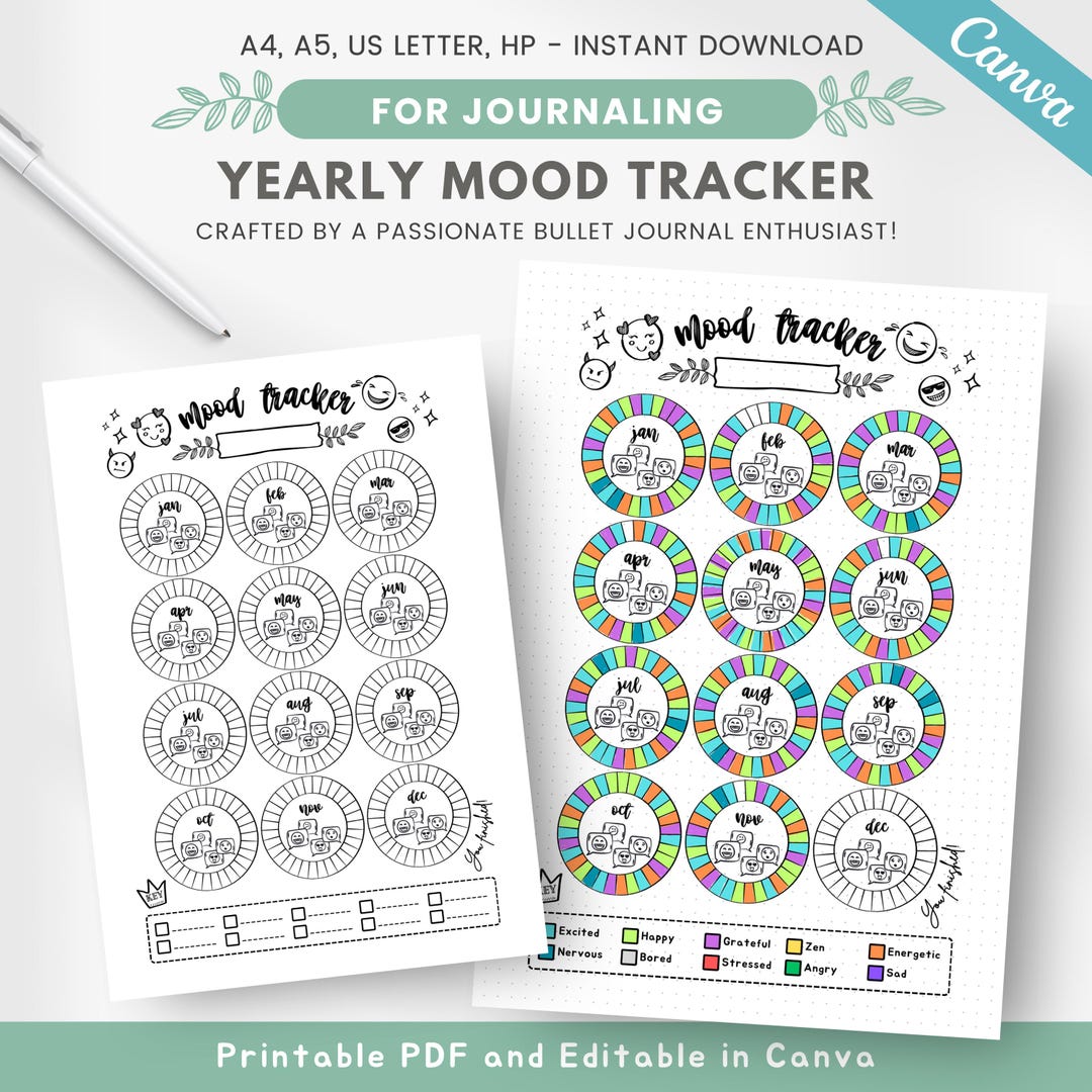 Yearly Mood Tracker, Daily Emotions Tracker, Printable Planner Page ...