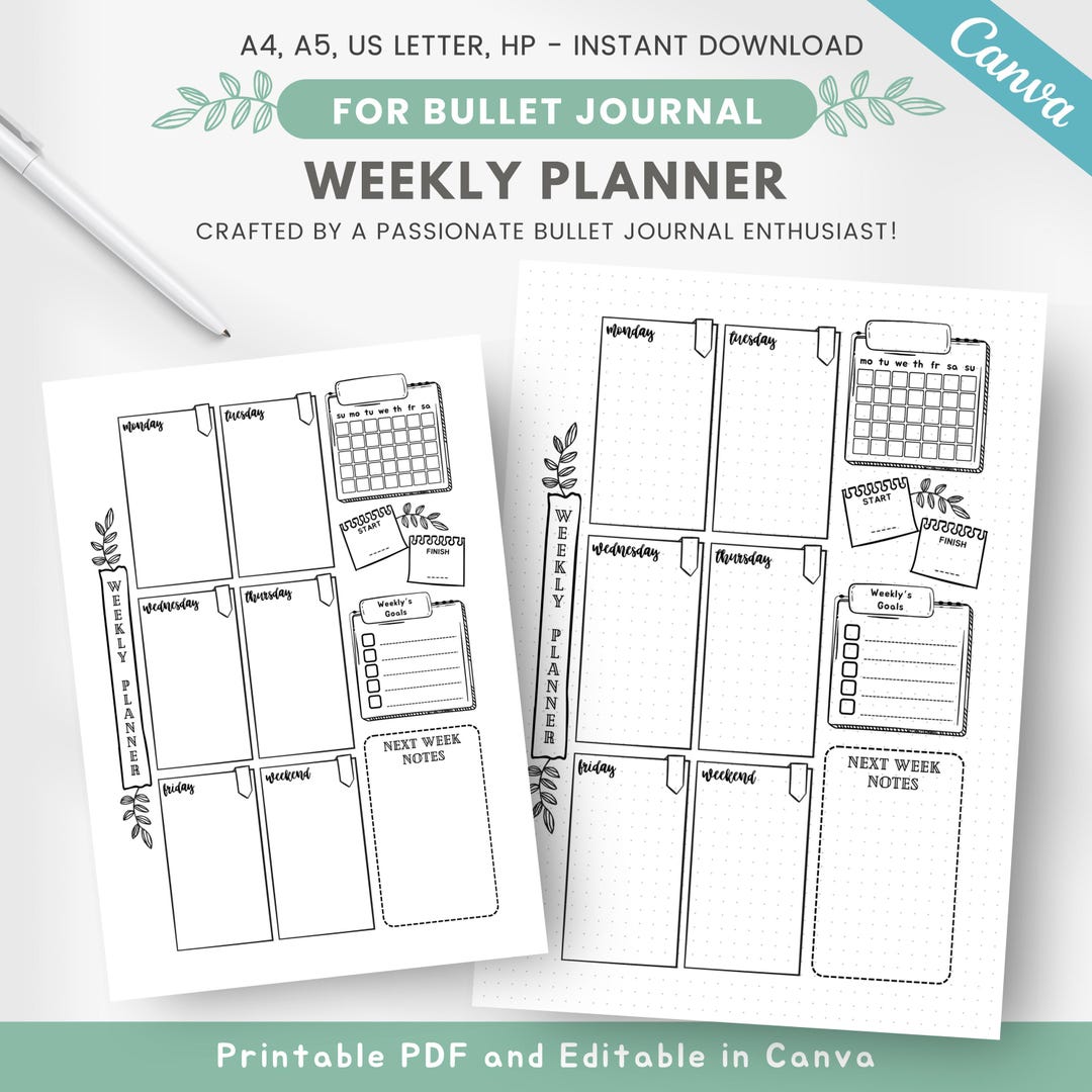Undated Weekly Planner Insert, Week at a Glance Journal Page, Weekly ...