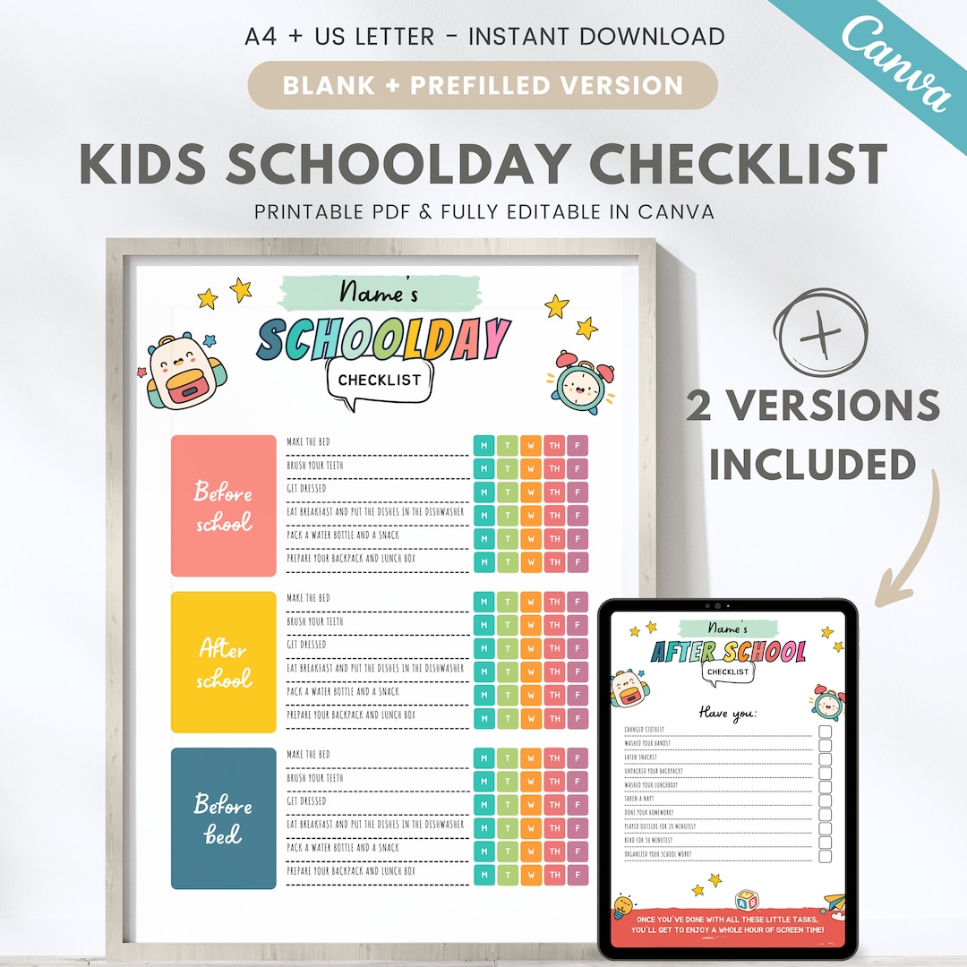 Editable Schoolday Checklist for Kids, Printable Daily Checklist for ...