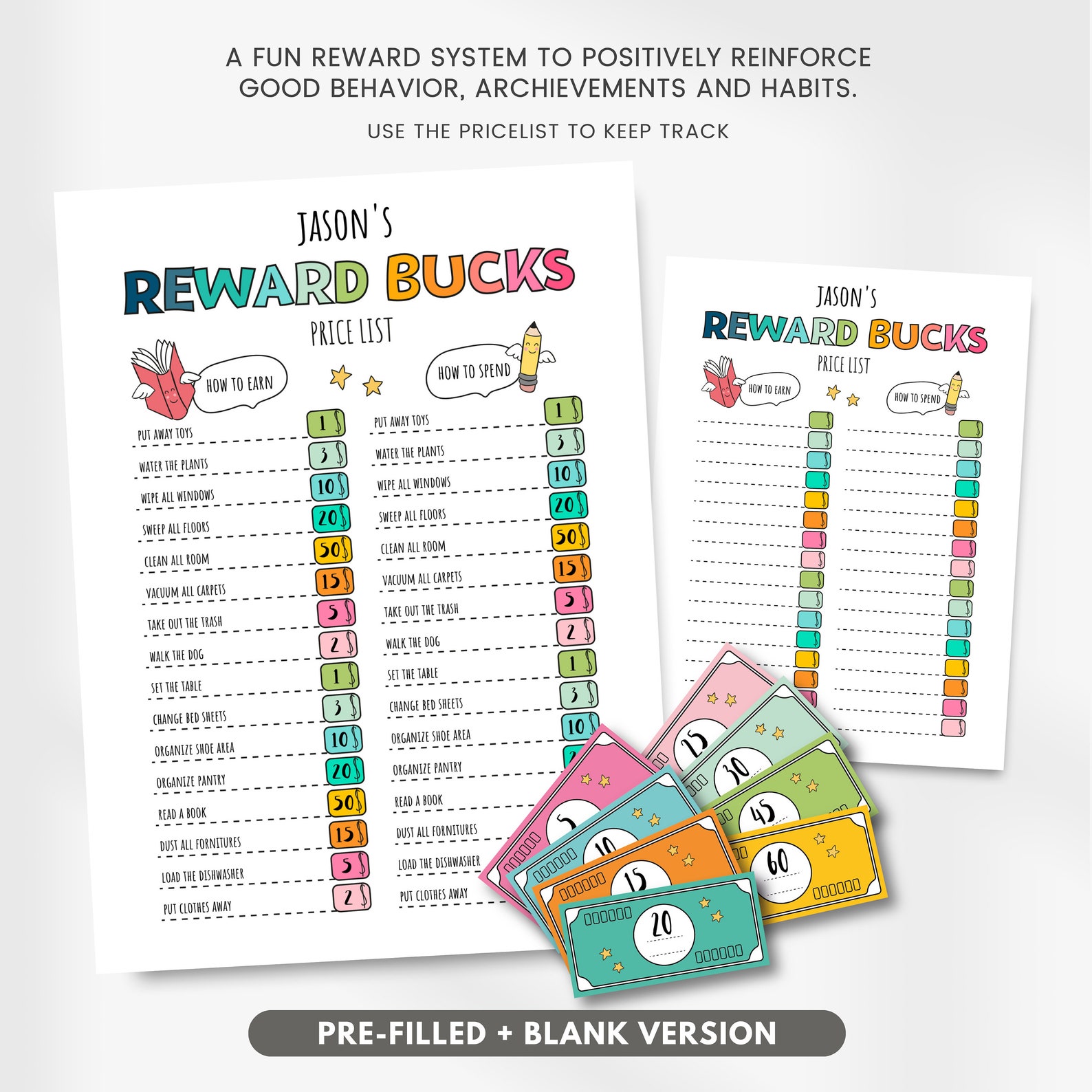 Editable Kids Reward Bucks, Mom Bucks, Kids Chore Chart, Pretend Money ...