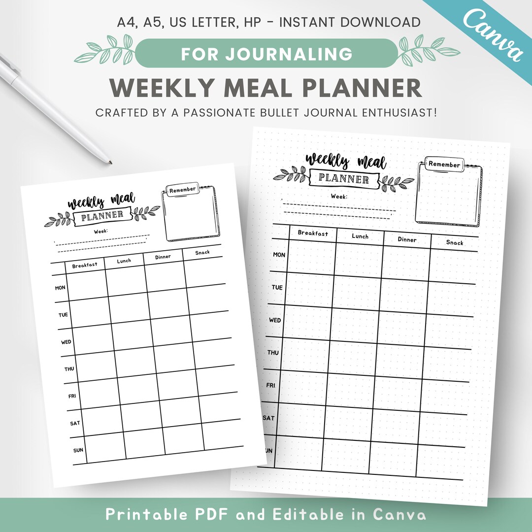 Weekly Meal Planner, 7 Days Menu Plan and Prep, Weekly Food Tracker ...