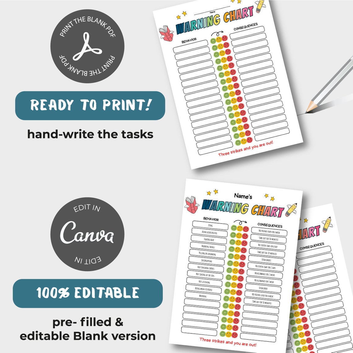 Editable Behavior Chart for Kids 3 Strikes Warning Chart - Etsy