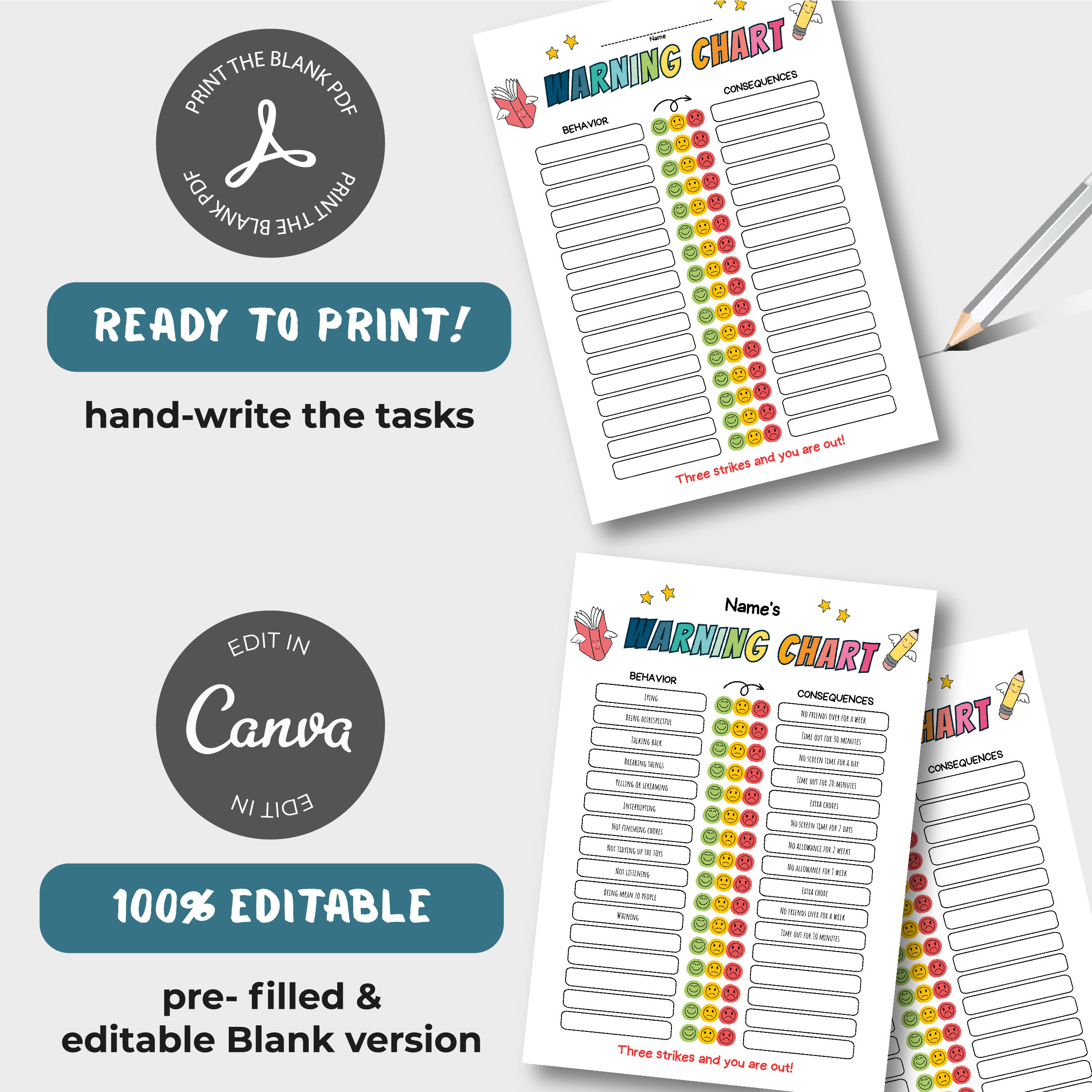 Editable Behavior Chart for Kids 3 Strikes Warning Chart - Etsy