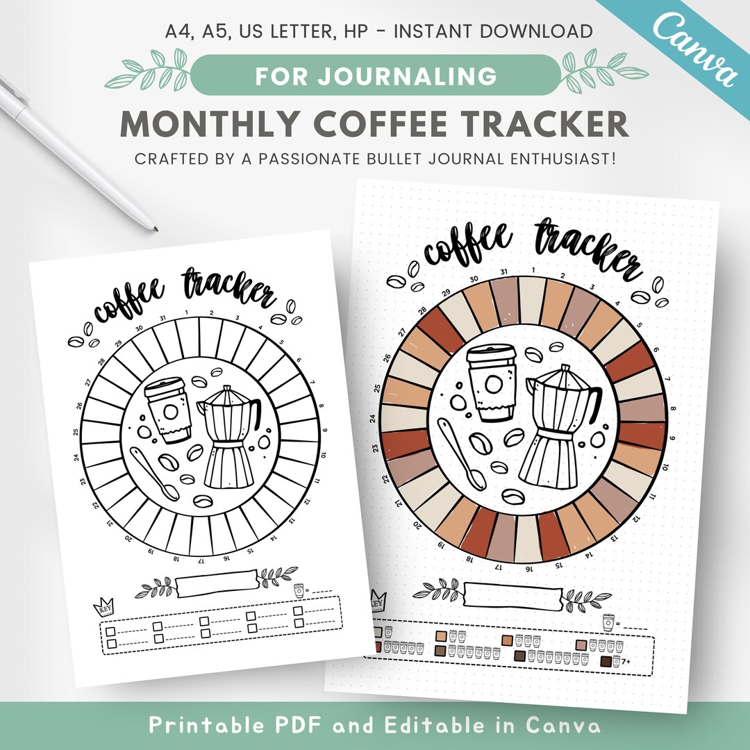 Monthly Coffee Tracker, Daily Caffeine Intake Tracker, Journal Monthly ...