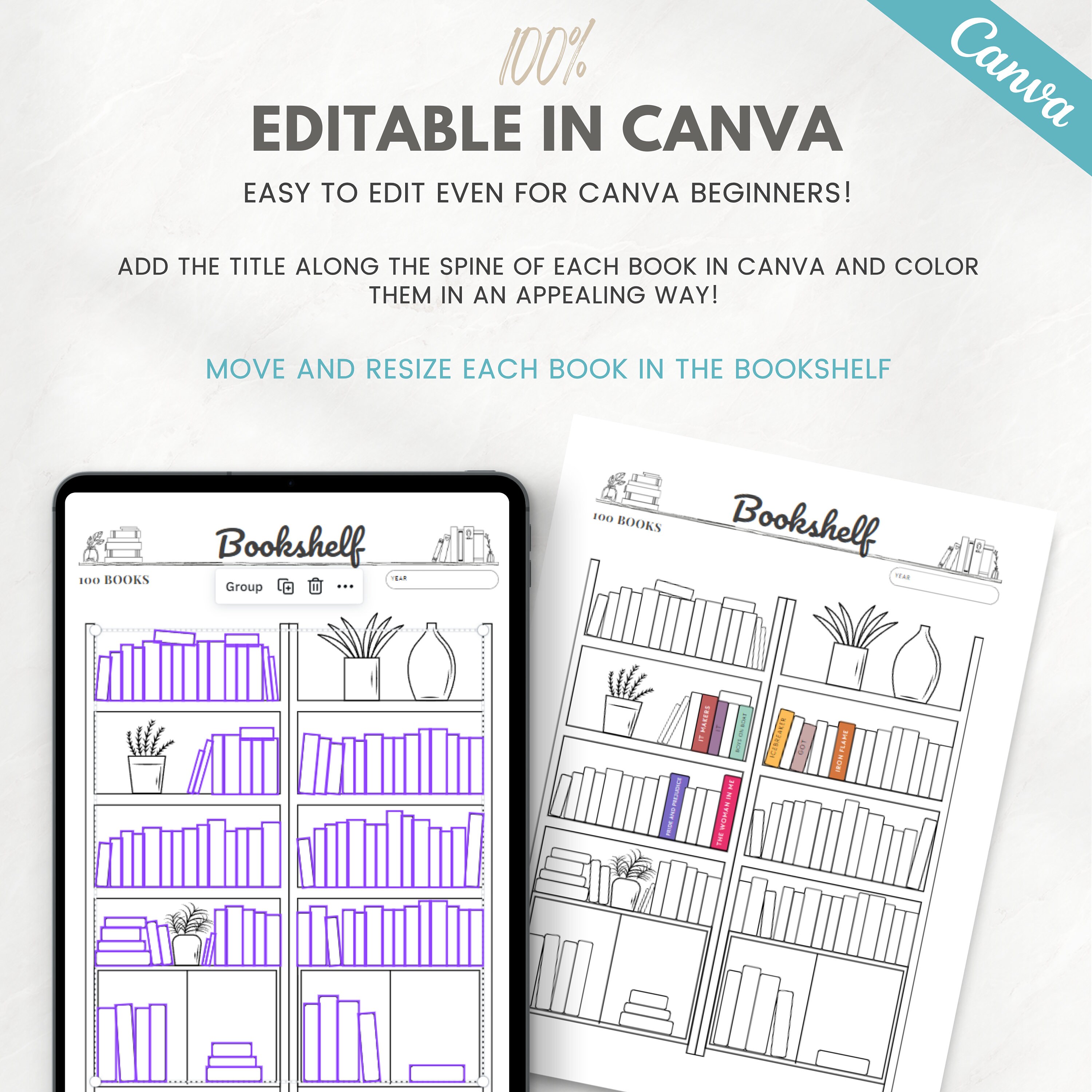 Printable 50 Books Tracker Bookshelf Bookmark, Editable Reading Tracker ...