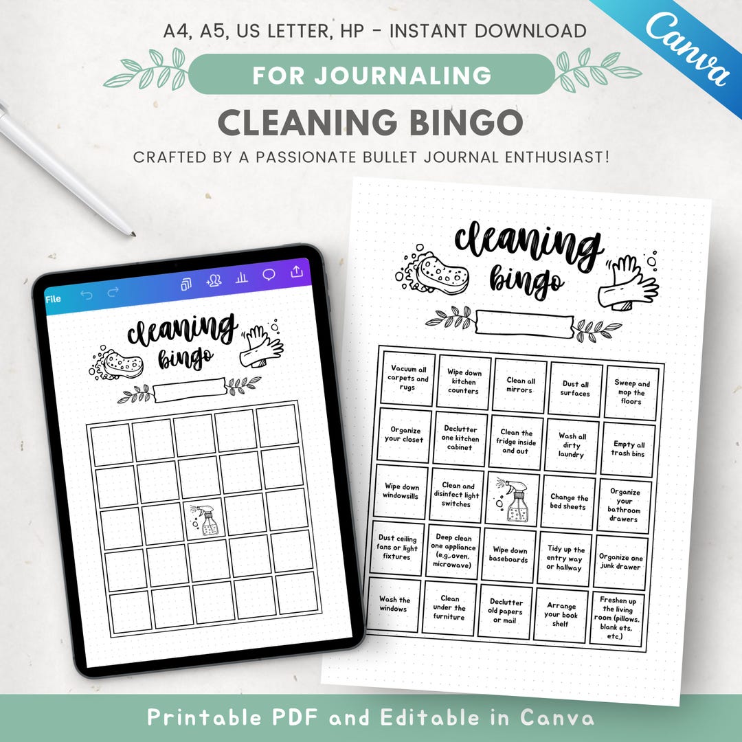 Cleaning Bingo Card, Cleaning Game - Printable PDF & Canva Editable ...