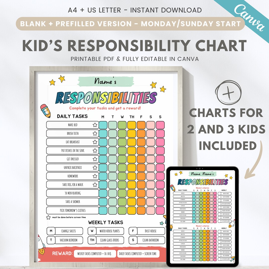 Editable Kids Chore Chart, Multiple Kids Chore Chart, Printable ...