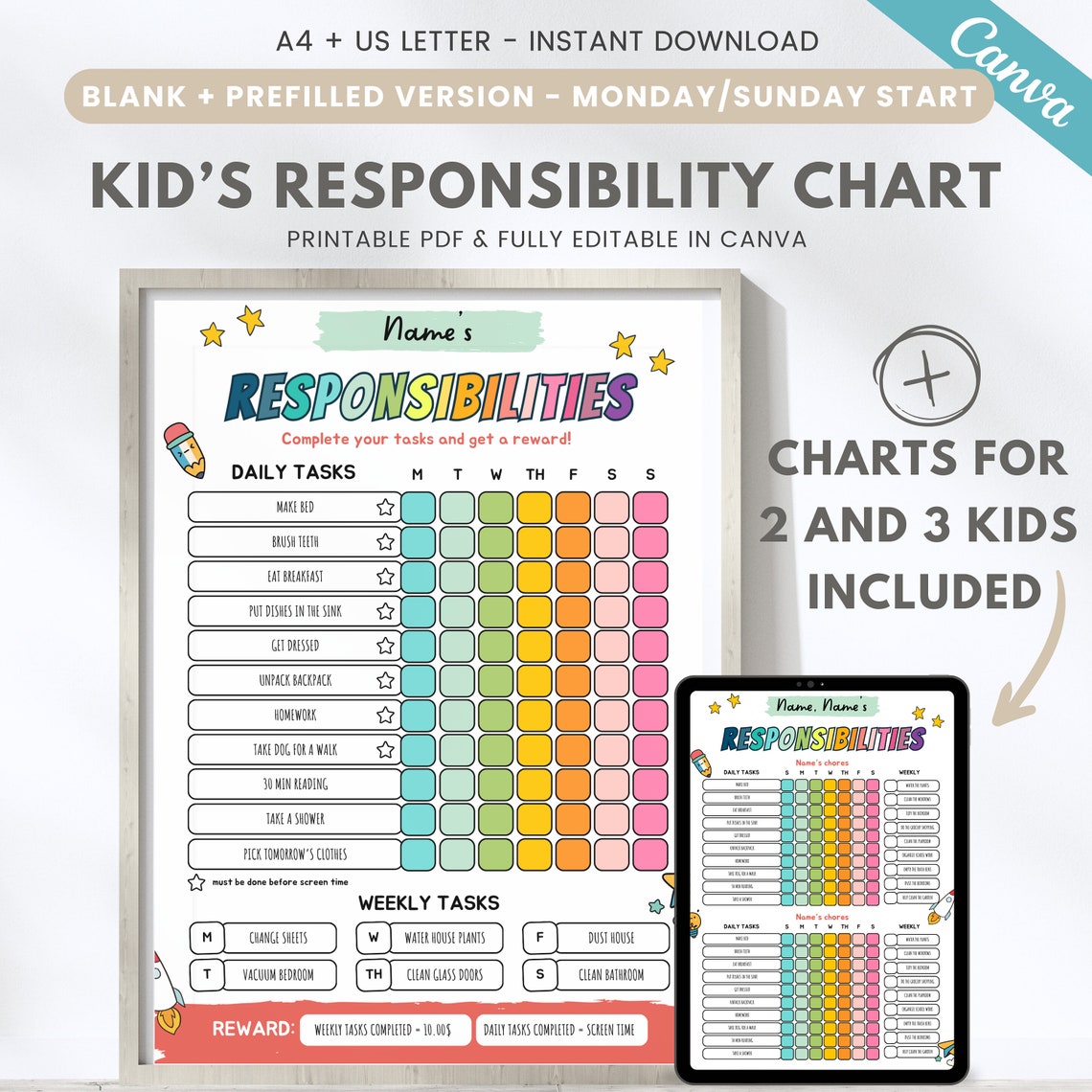 Editable Kids Chore Chart, Multiple Kids Chore Chart, Printable ...