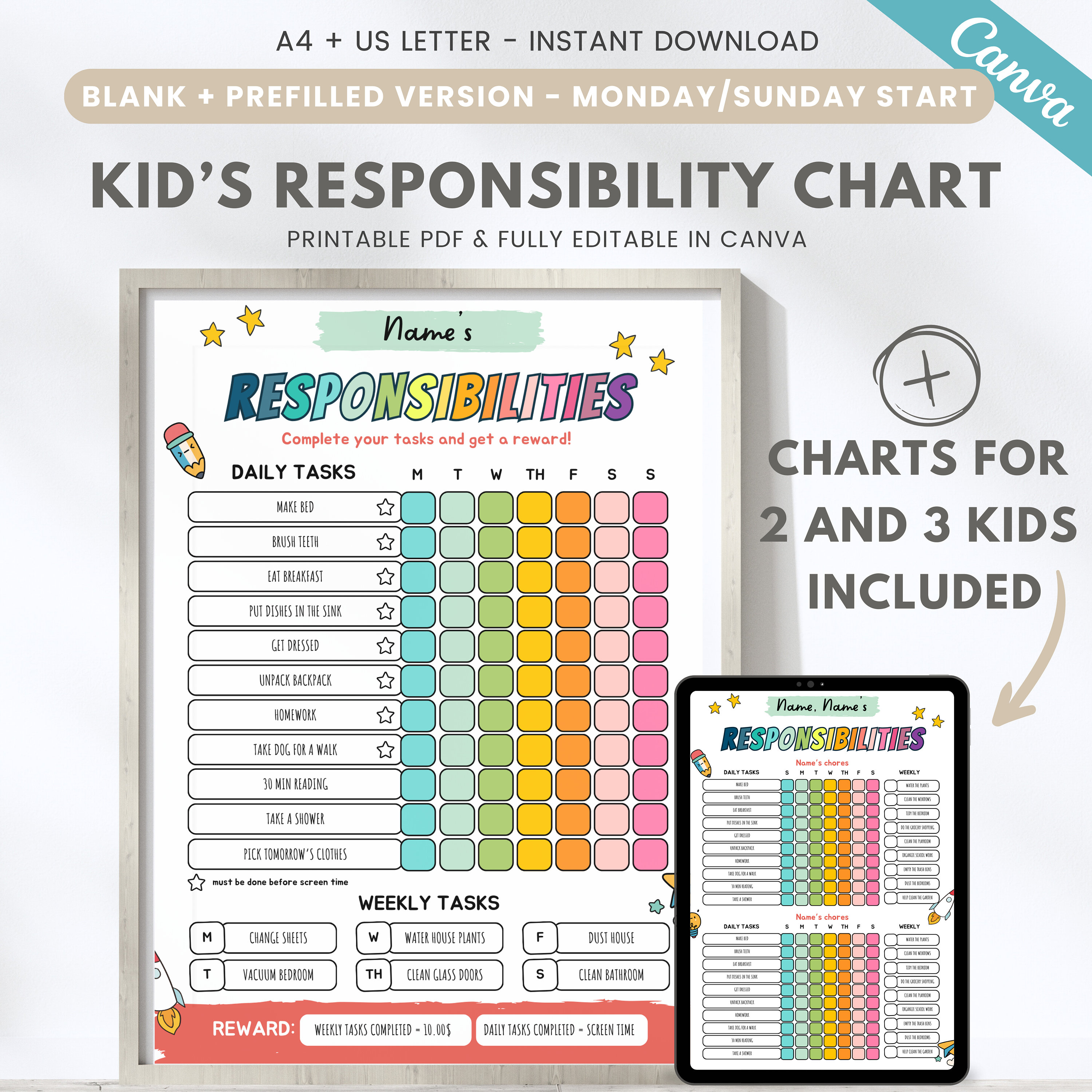 Editable Kids Chore Chart, Multiple Kids Chore Chart, Printable ...
