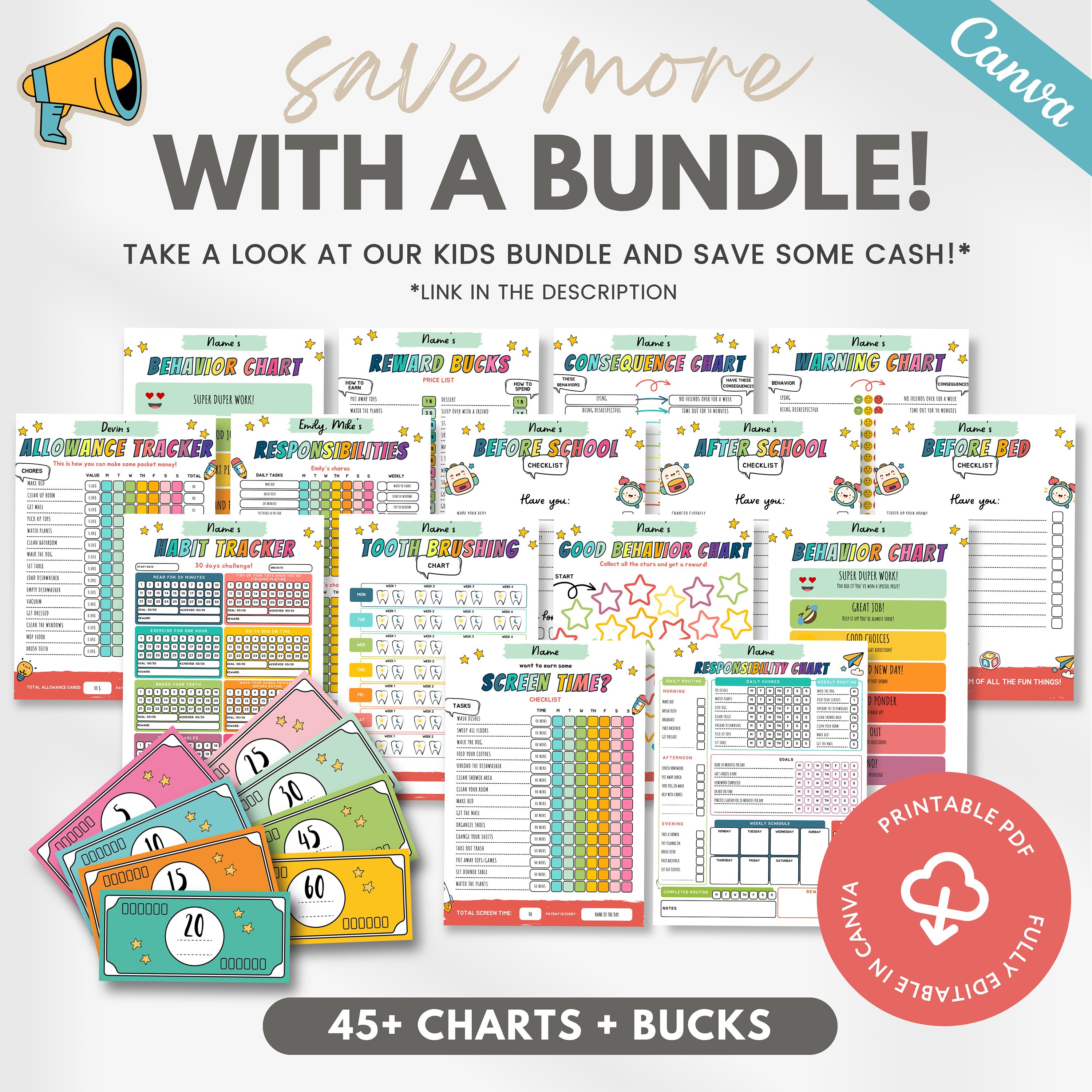 Editable Screen Time Chart With Reward Bucks, Kids Chore Chart, Pretend ...