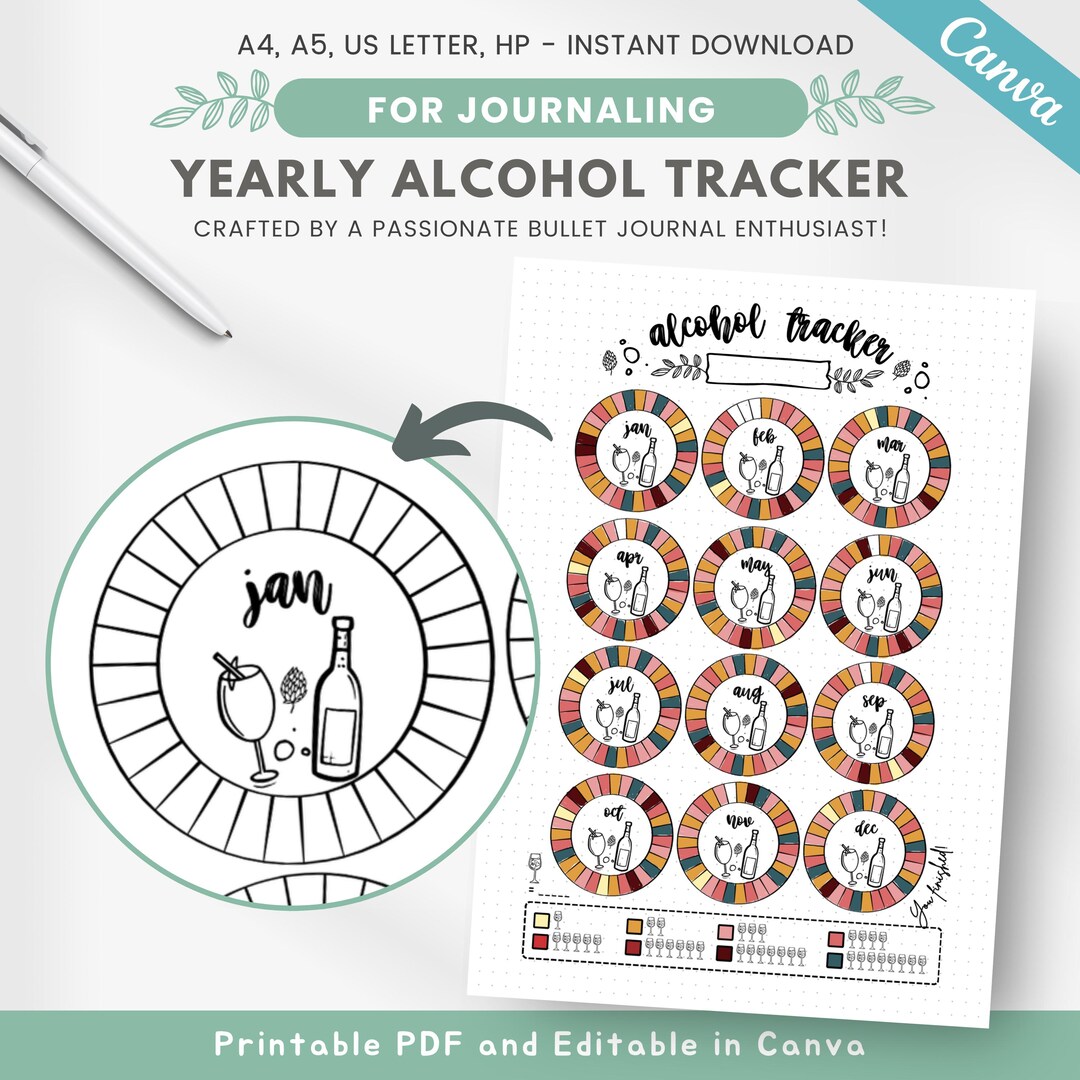 Drink Tracker Yearly, Alcohol Intake Tracker, Printable Planner Insert ...