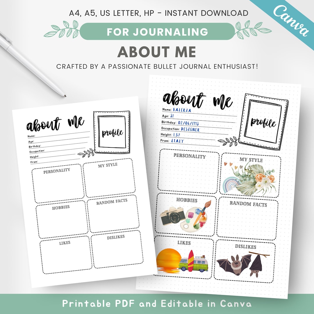 About Me Journal Page, Printable Profile Page, Information Page Planner ...