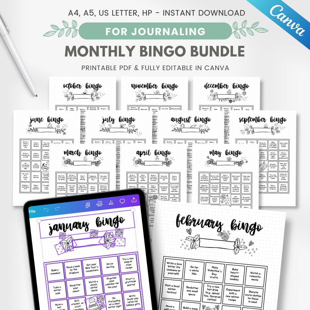 Monthly Bingo Bundle, Journal Bingo Pages (PDF & Canva Editable) - Etsy