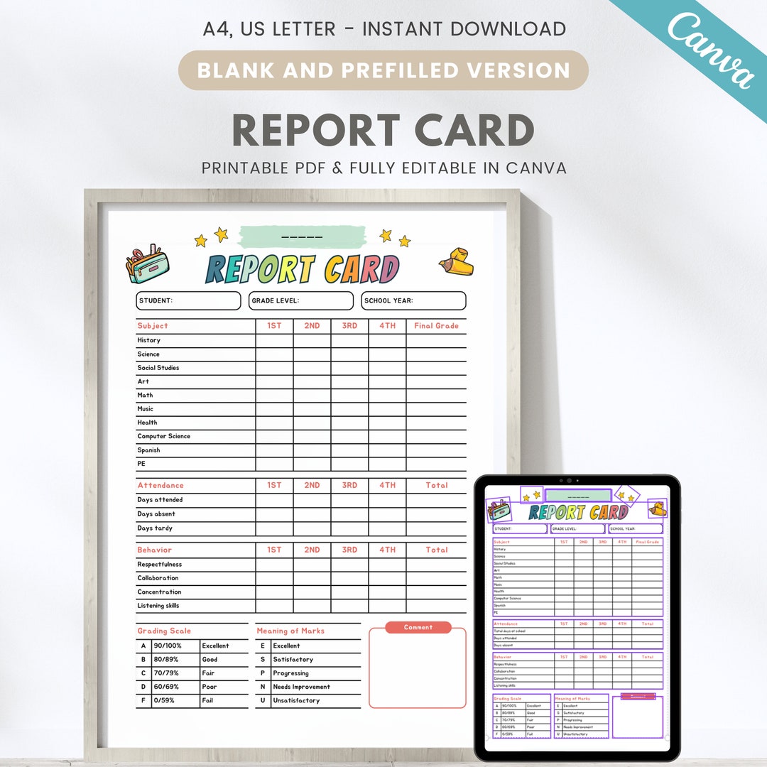 Fully Editable Homeschool Report Card for Kids, School Grade Card ...
