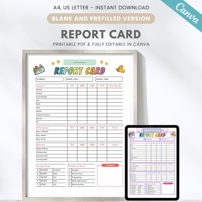 Fully Editable Homeschool Report Card for Kids, School Grade Card ...