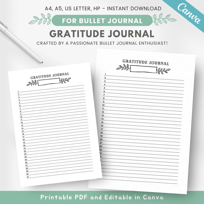 Printable Gratitude Journal, Premade Monthly Gratitude Bullet Journal ...