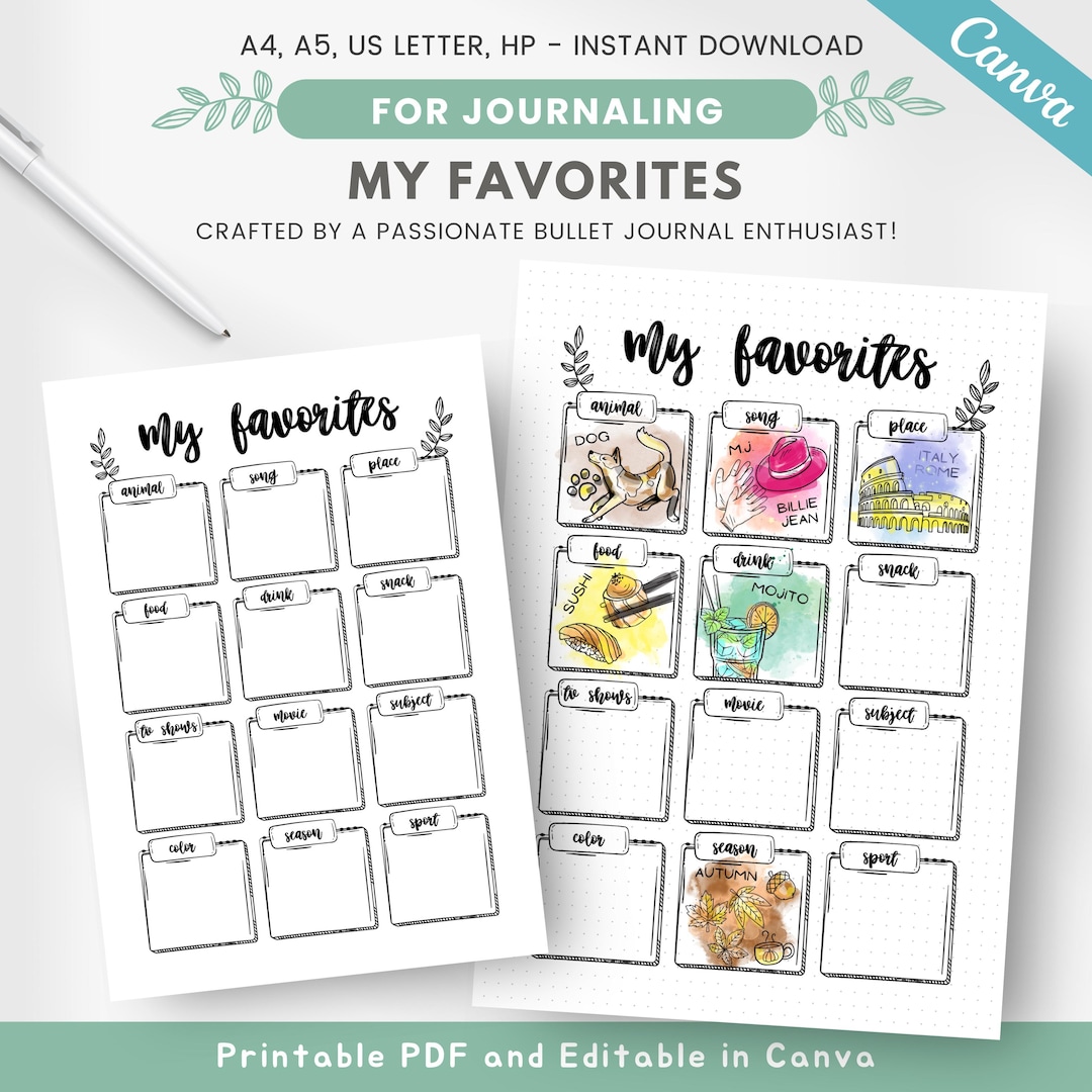 My Favorites Things Journal Page, Hobby Tracker, Printable About Me ...