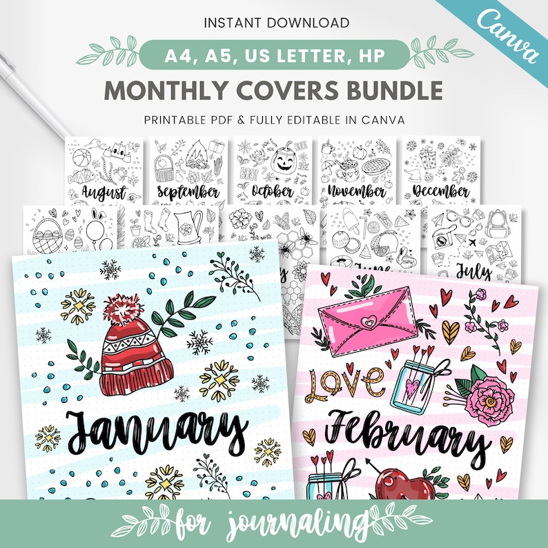 12 Month Cover Pages, 12 Month Title Insert, Editable Monthly Journal ...