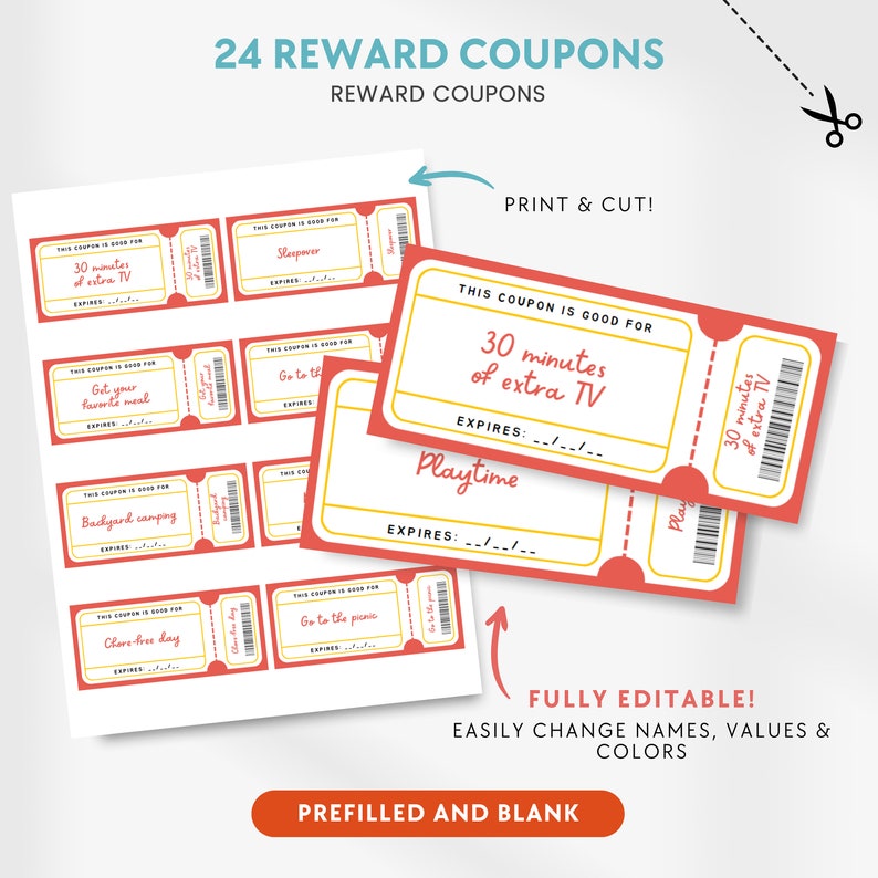 Editable Reward Bucks & Reward Chart for Kids, Printable Reward Coupons ...