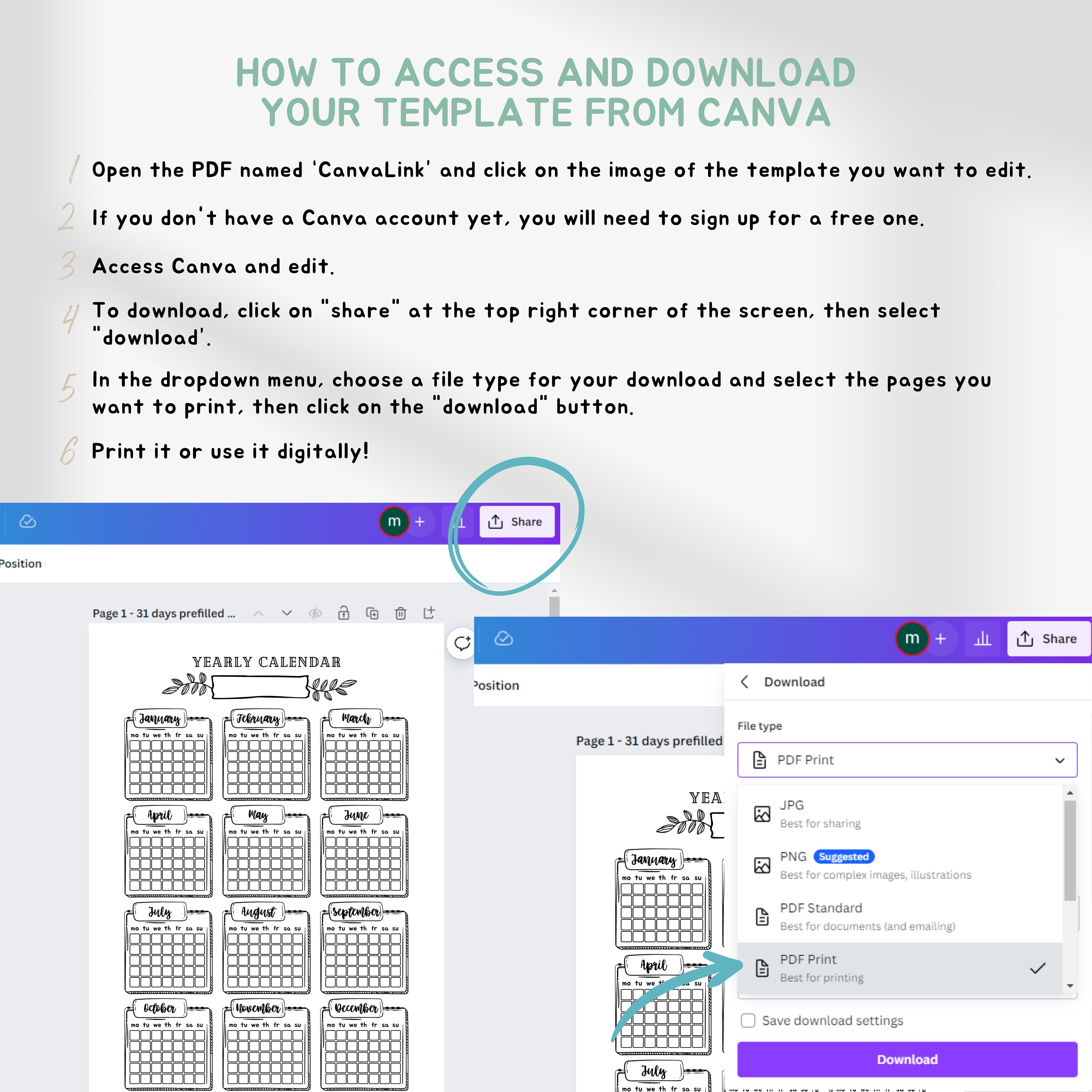 Printable Undated Blank Yearly Calendar, Year at a Glance Planner ...