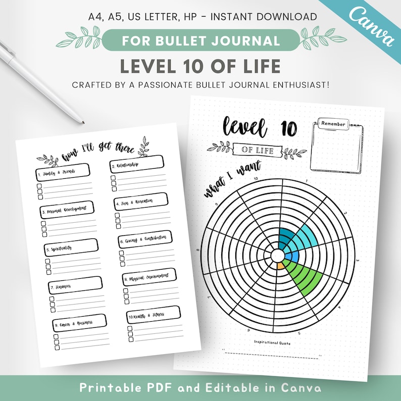 Printable Level 10 Life Journal Template, Editable Wheel of Life, Goals Setting, Life Goals ...