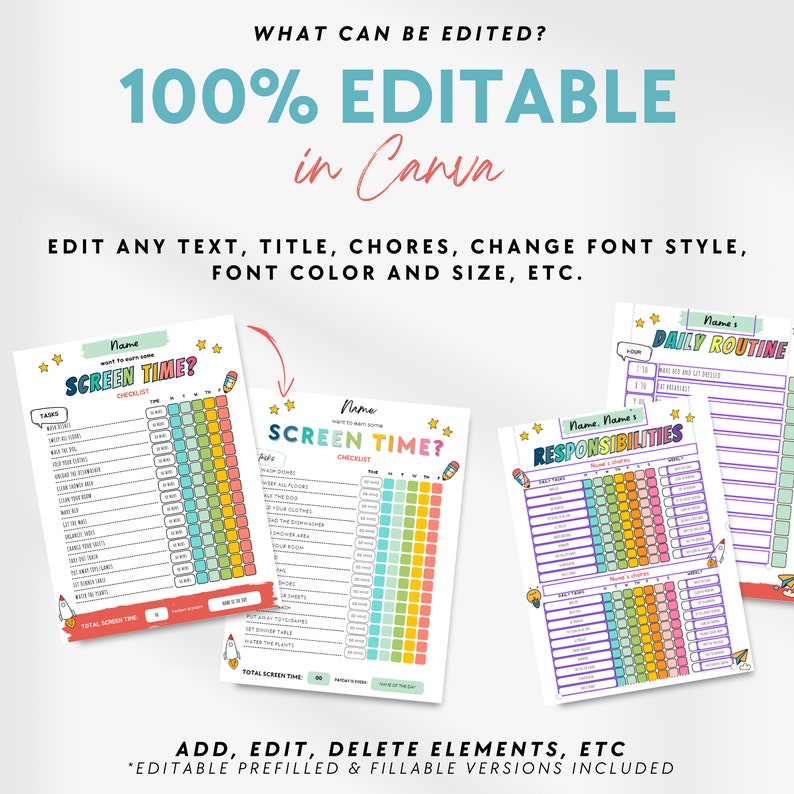 Editable Kids Chore Chart Bundle, Kids Checklist, Children Daily Weekly ...