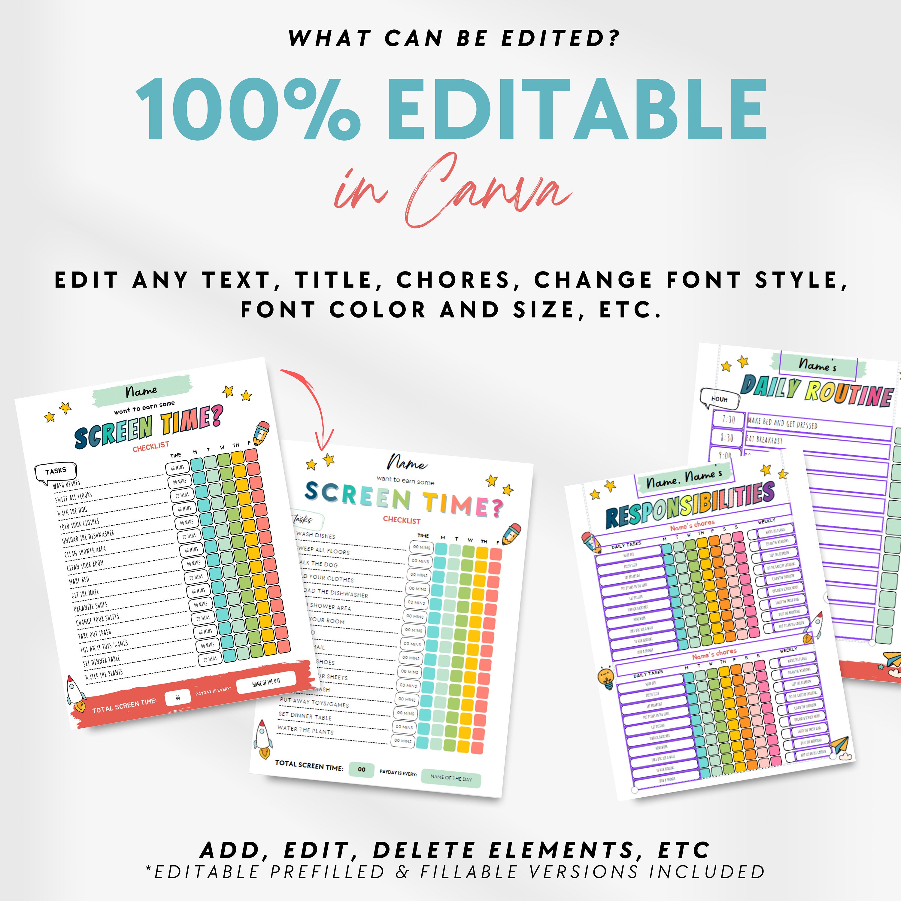 Editable Kids Chore Chart Bundle, Kids Checklist, Children Daily Weekly ...