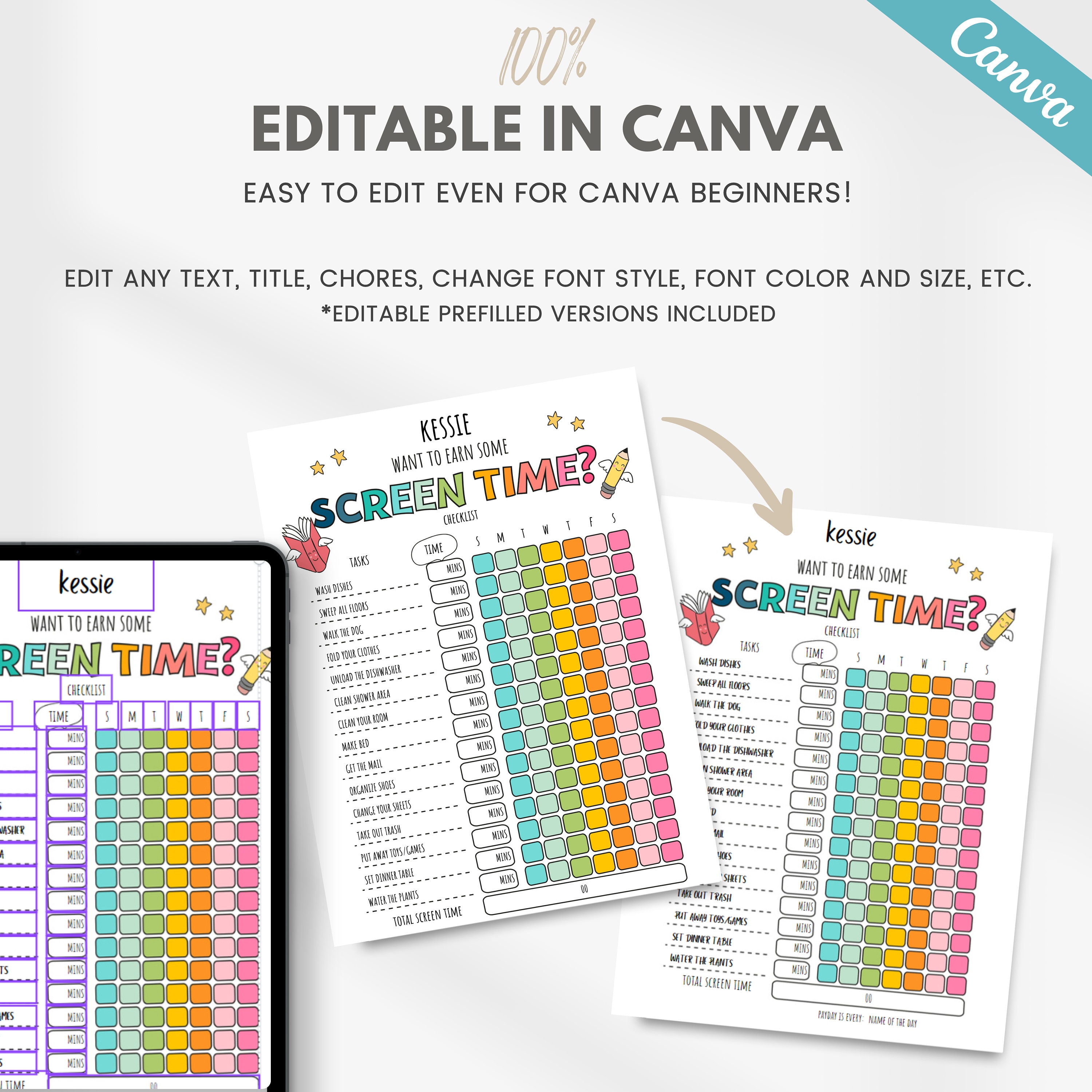 Editable Screen Time Chart With Reward Bucks, Kids Chore Chart, Pretend ...
