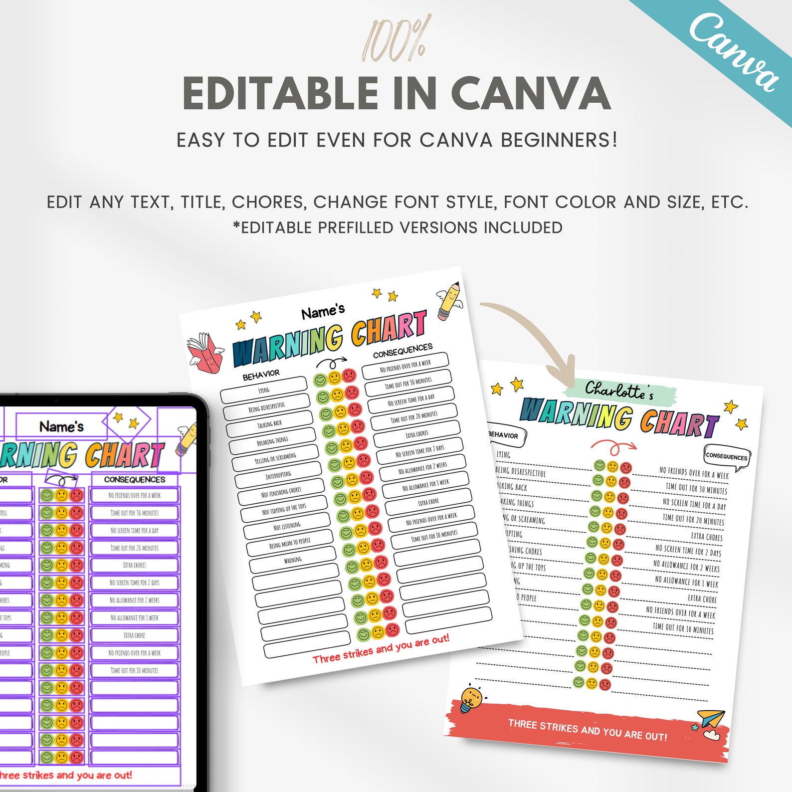 Editable Behavior Chart for Kids, 3 Strikes Warning Chart, Child ...