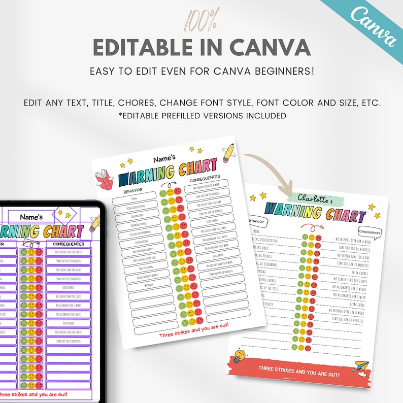 Editable Behavior Chart for Kids, 3 Strikes Warning Chart, Child ...