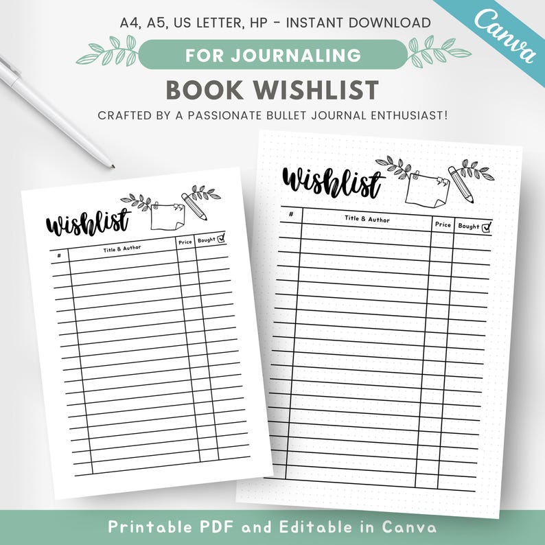 Book Wishlist, TBR List, Printable Reading Journal, Books to Buy ...